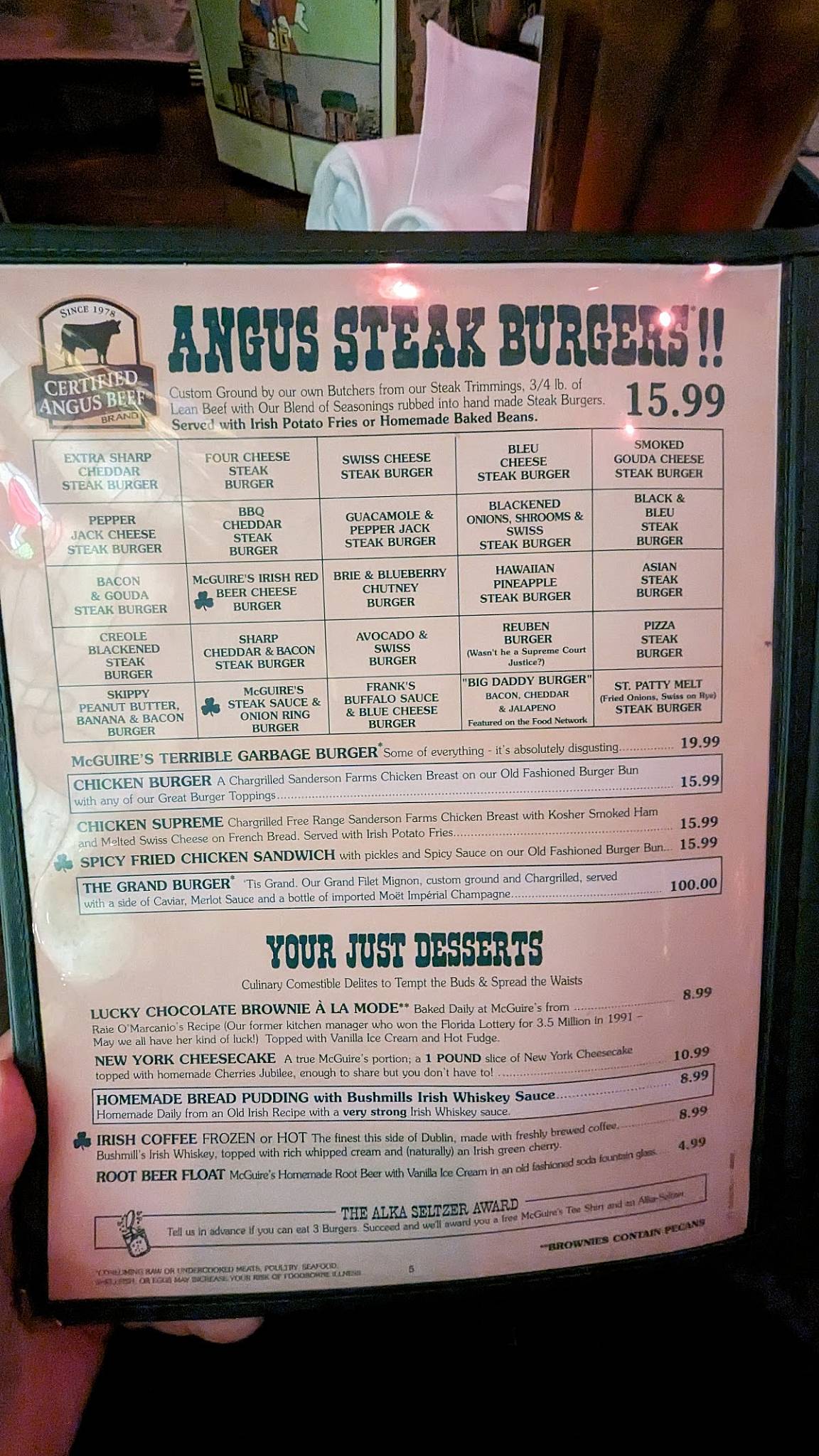 Menu at McGuire's Irish Pub, Pensacola