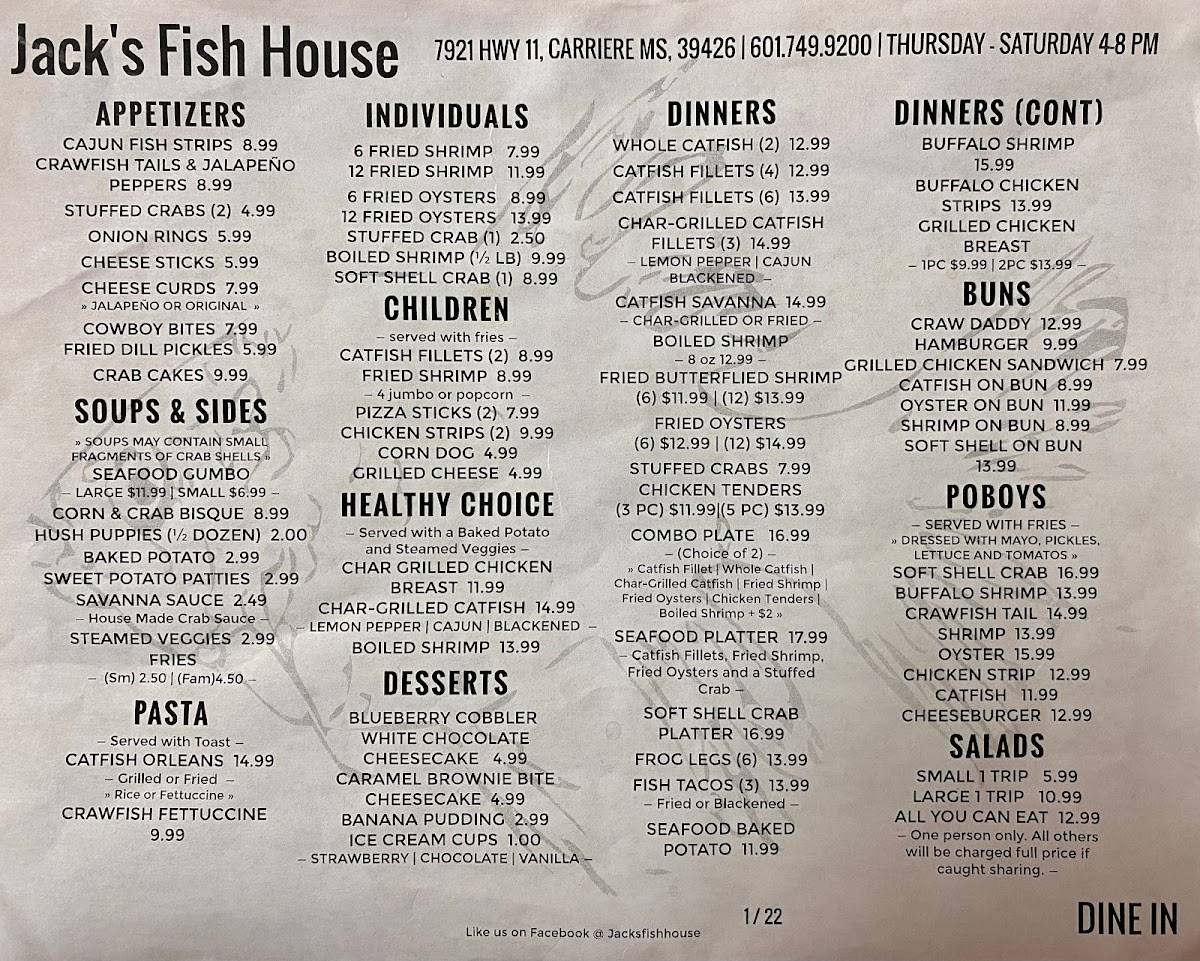 Menu at Jack's Fish House restaurant, McNeill, US-11