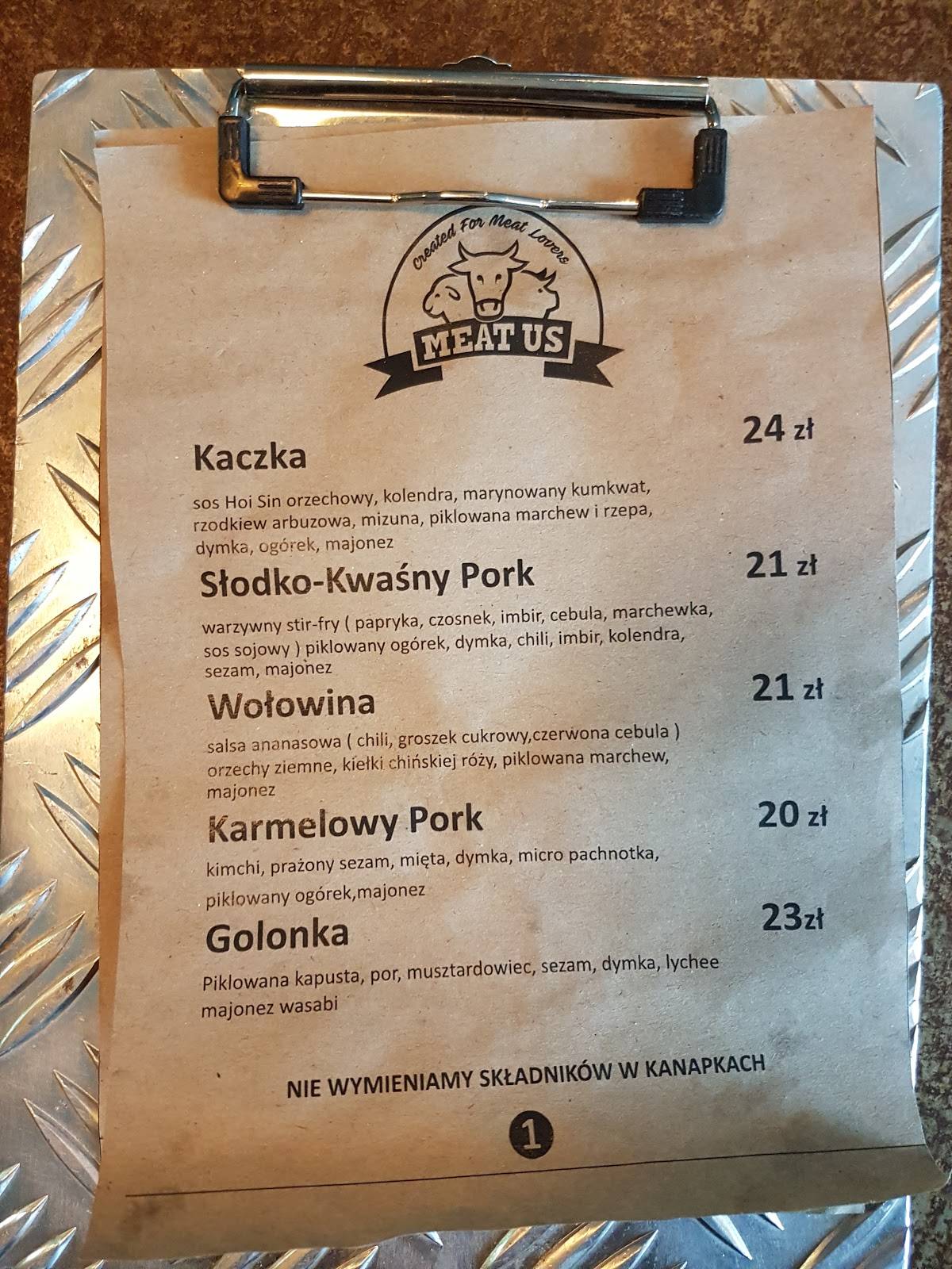 Menu at Meat Us restaurant, Poznań