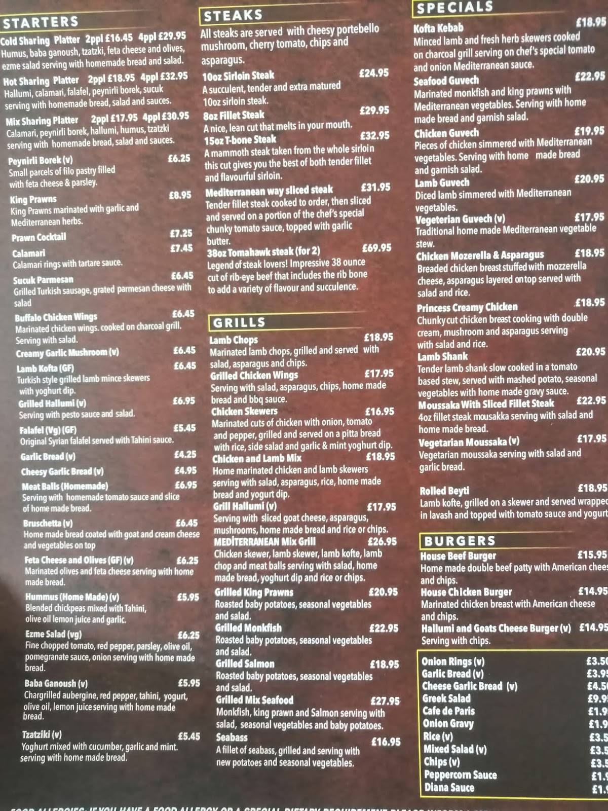 Menu at Mediterranean Steak and Wine steakhouse, Northwich