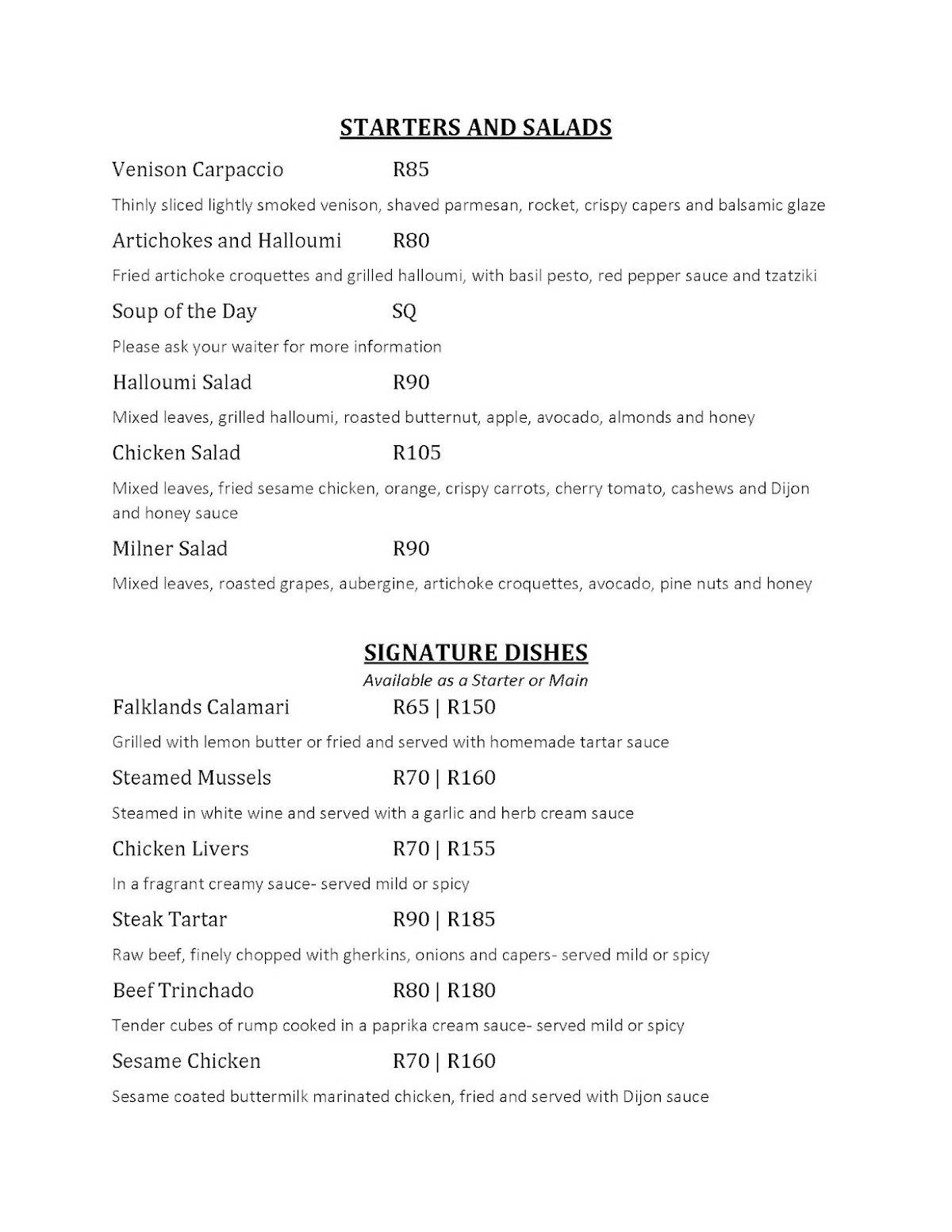 Menu at Meet On Milner restaurant, Pretoria, 378 Milner St