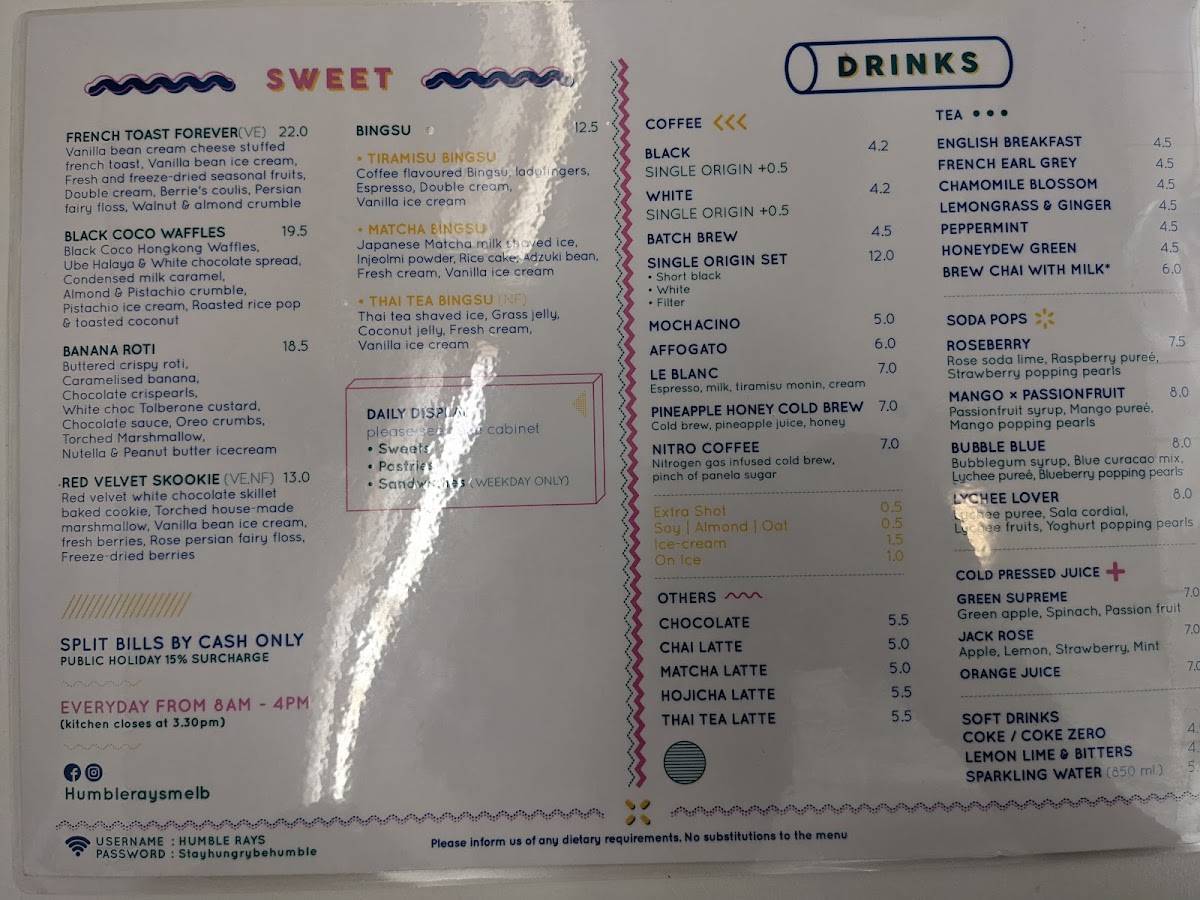 Menu at Humble Rays cafe, Carlton