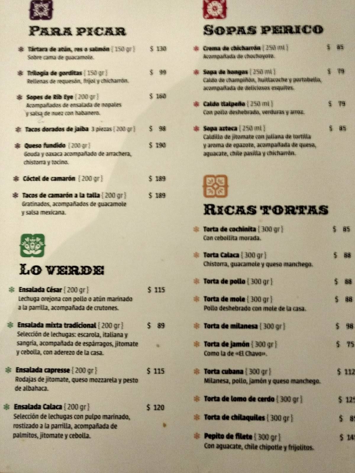 Carta del restaurante La Calaca, Ciudad del México, Centenario 2