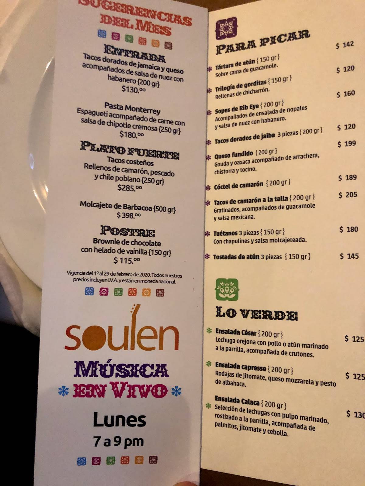 Carta del restaurante La Calaca, Ciudad del México, Centenario 2