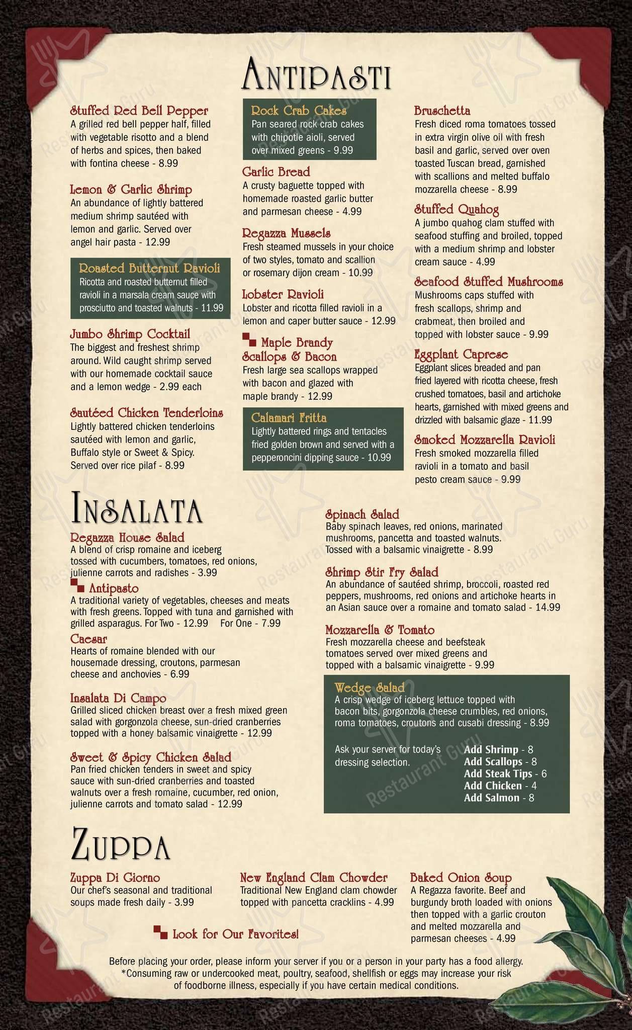 Menu at Mia Regazza restaurant, Abington