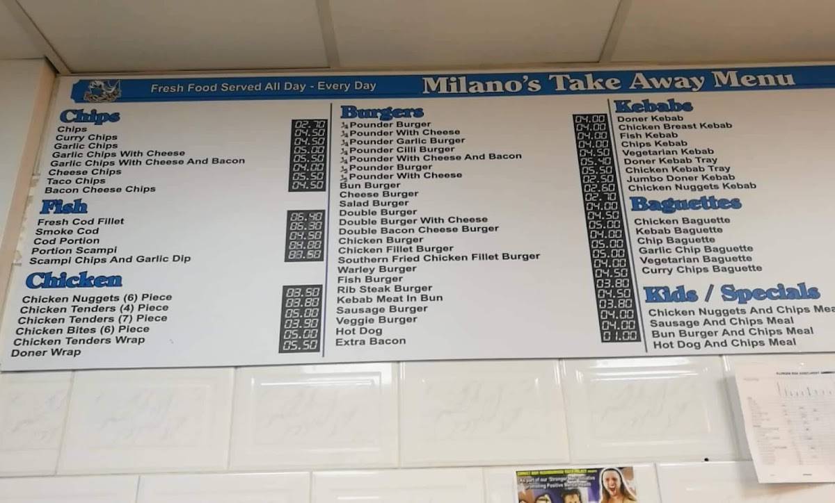 Menu at Milano's Takeaway Bray fast food, Bray