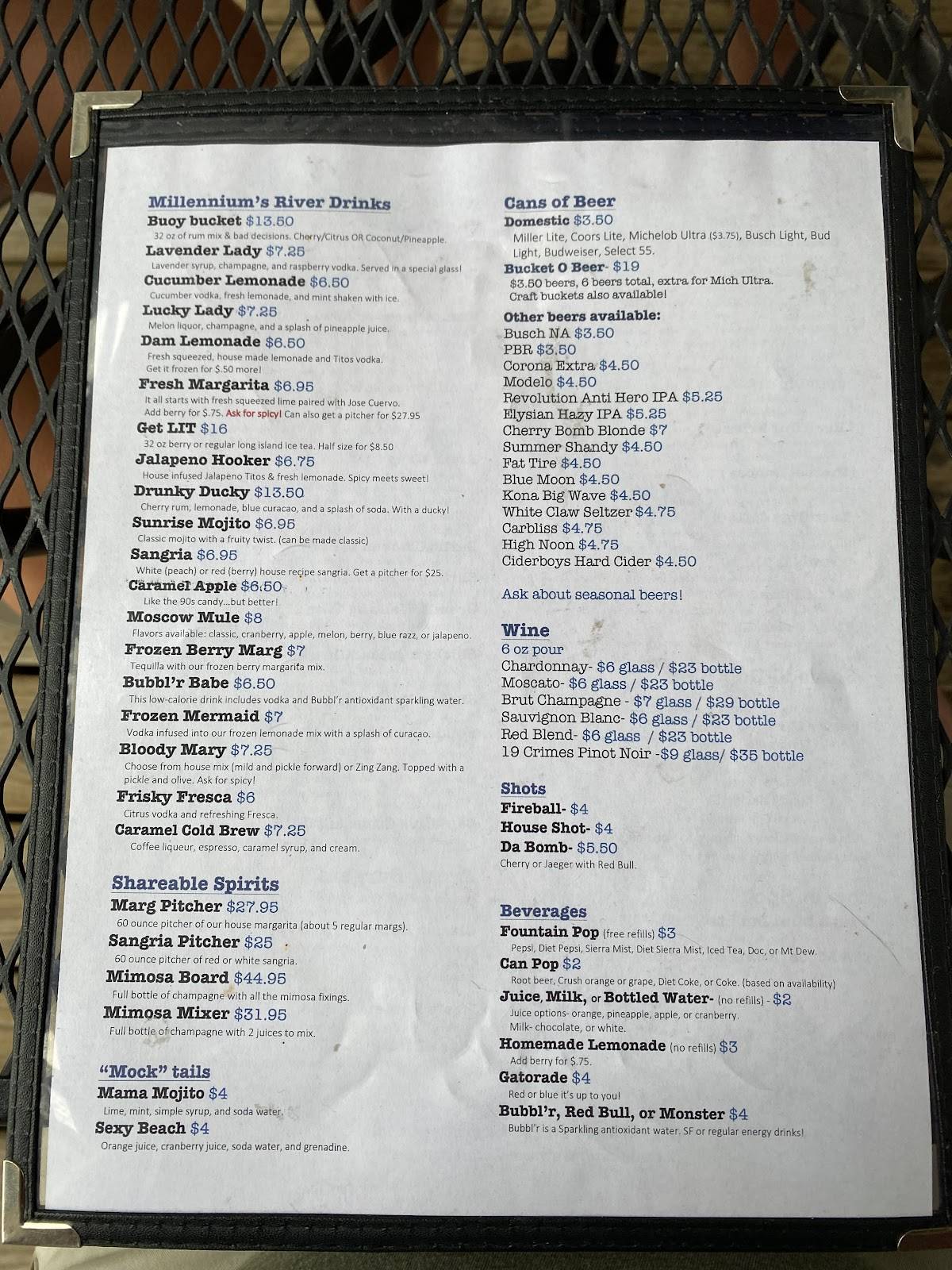 Menu at Millennium Bar & Marina, East Dubuque, 780 Harbor Dr