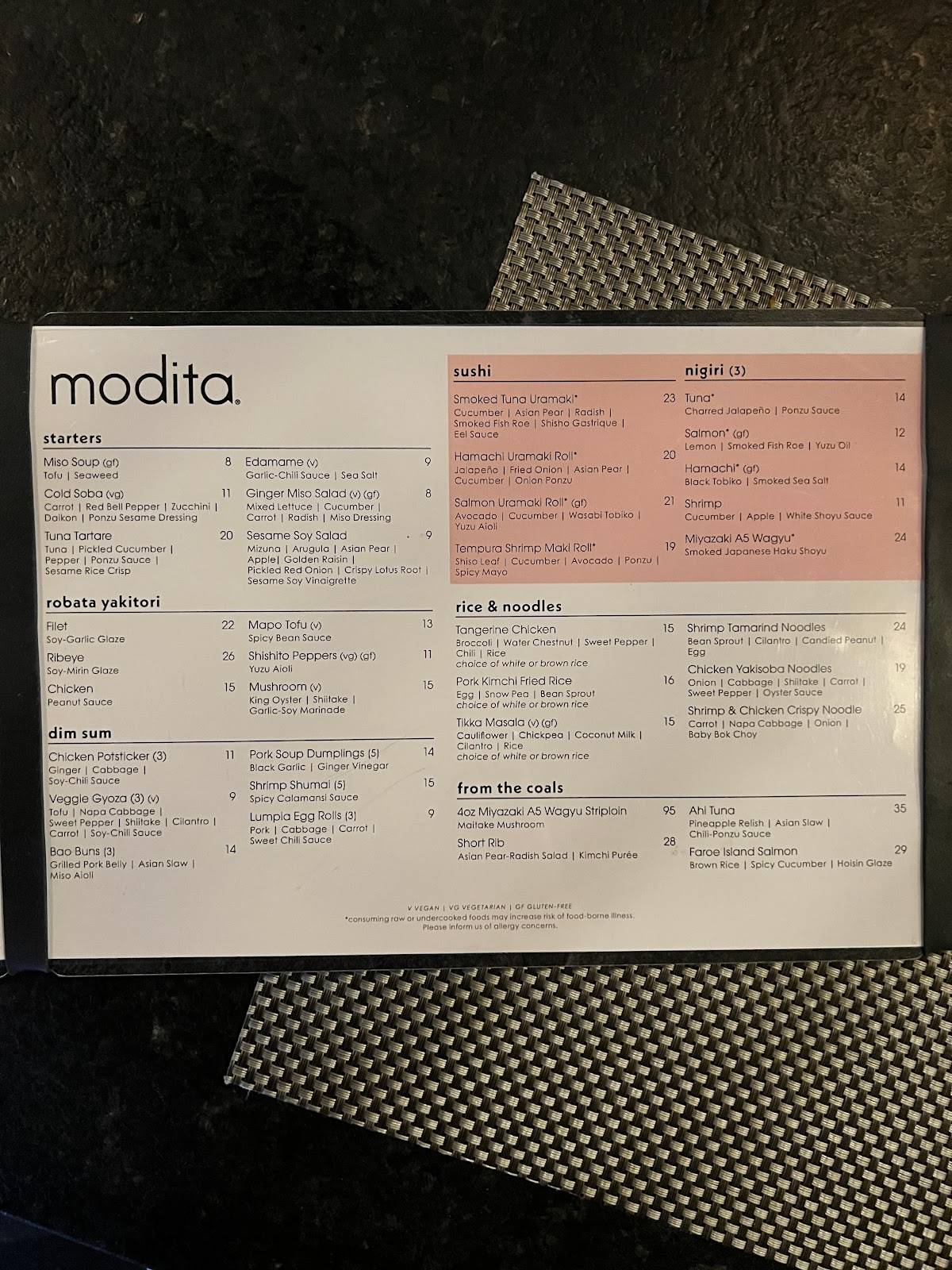 Carta del restaurante Modita, Indianapolis