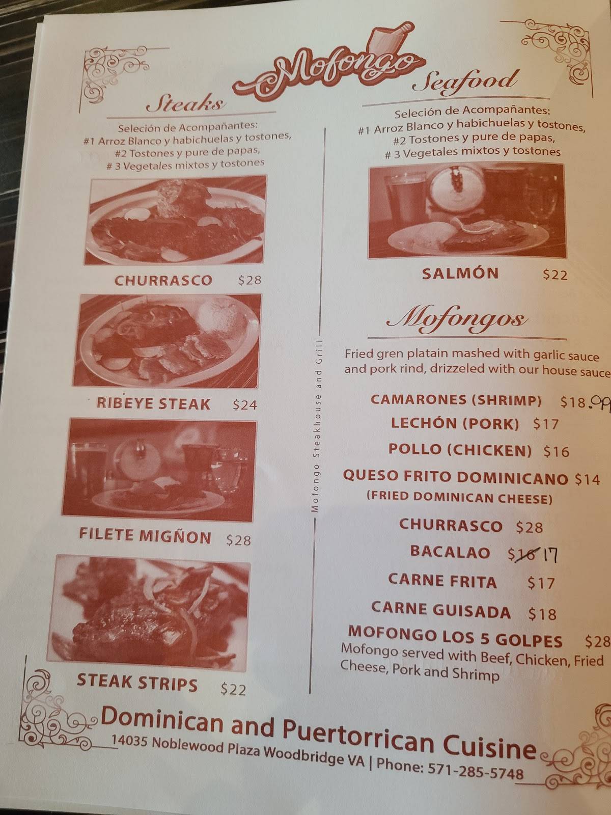 Menu at Mofongo Steakhouse & Grill, Woodbridge