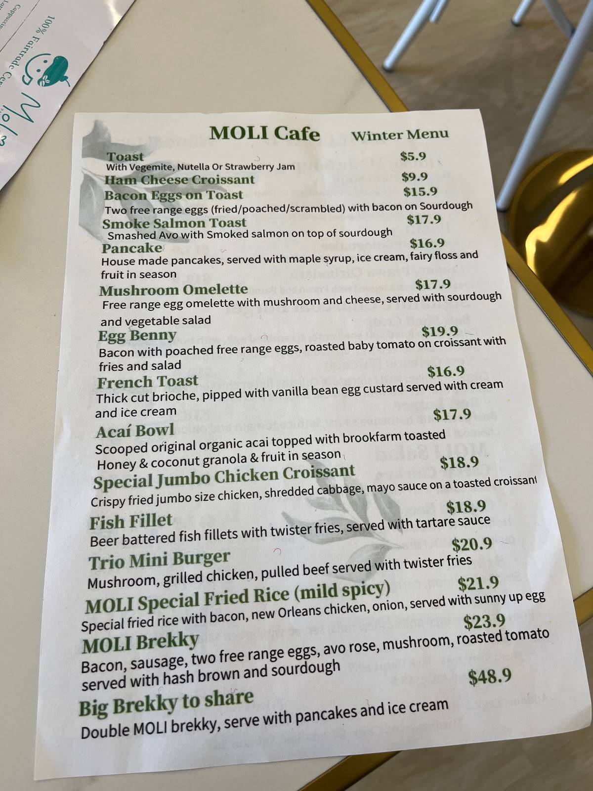 Menu at Moli Patisserie & Cafe, Broadbeach