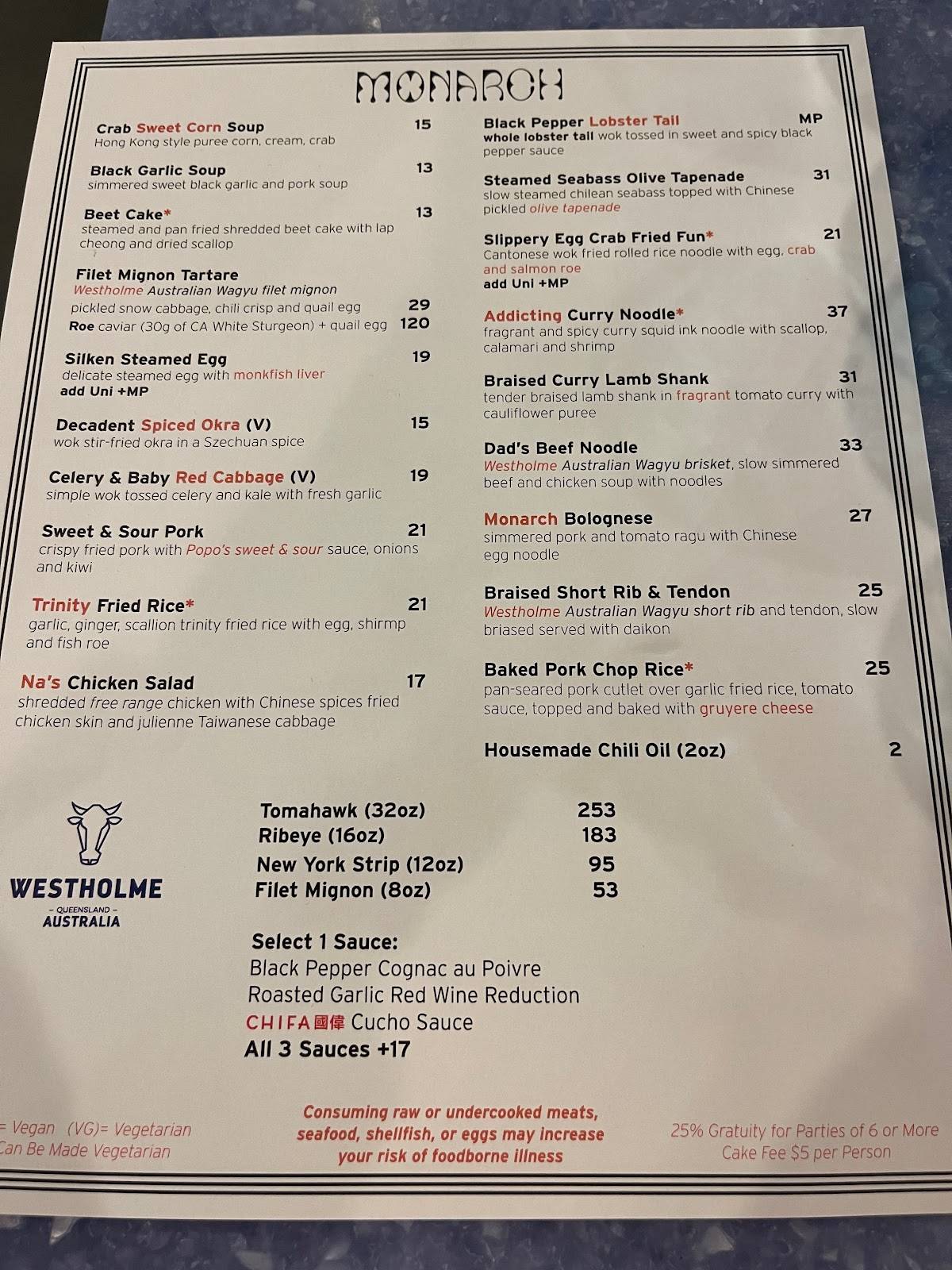 Menu at Monarch pub & bar, Arcadia