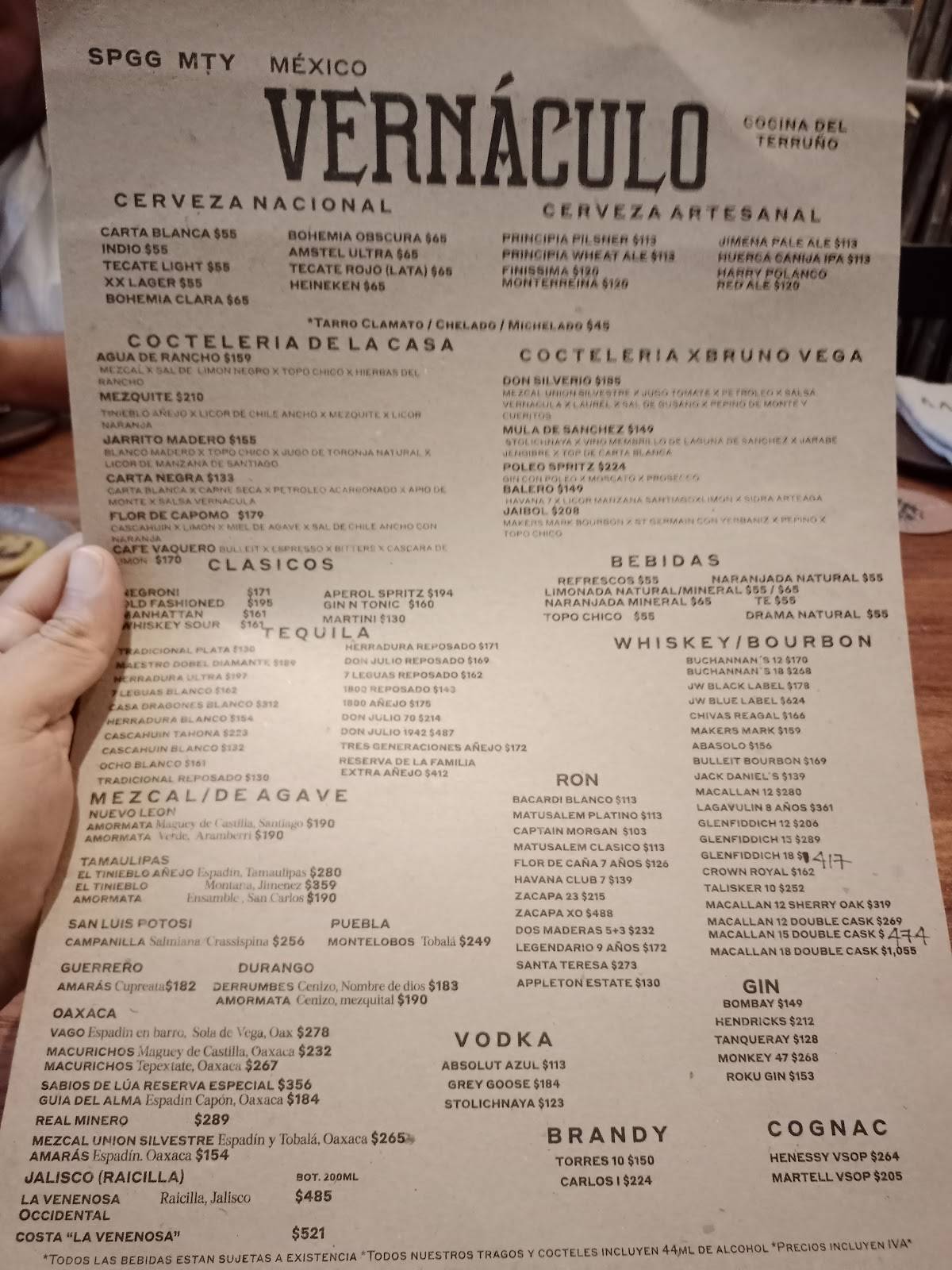 Carta del restaurante Vernáculo, San Pedro Garza García