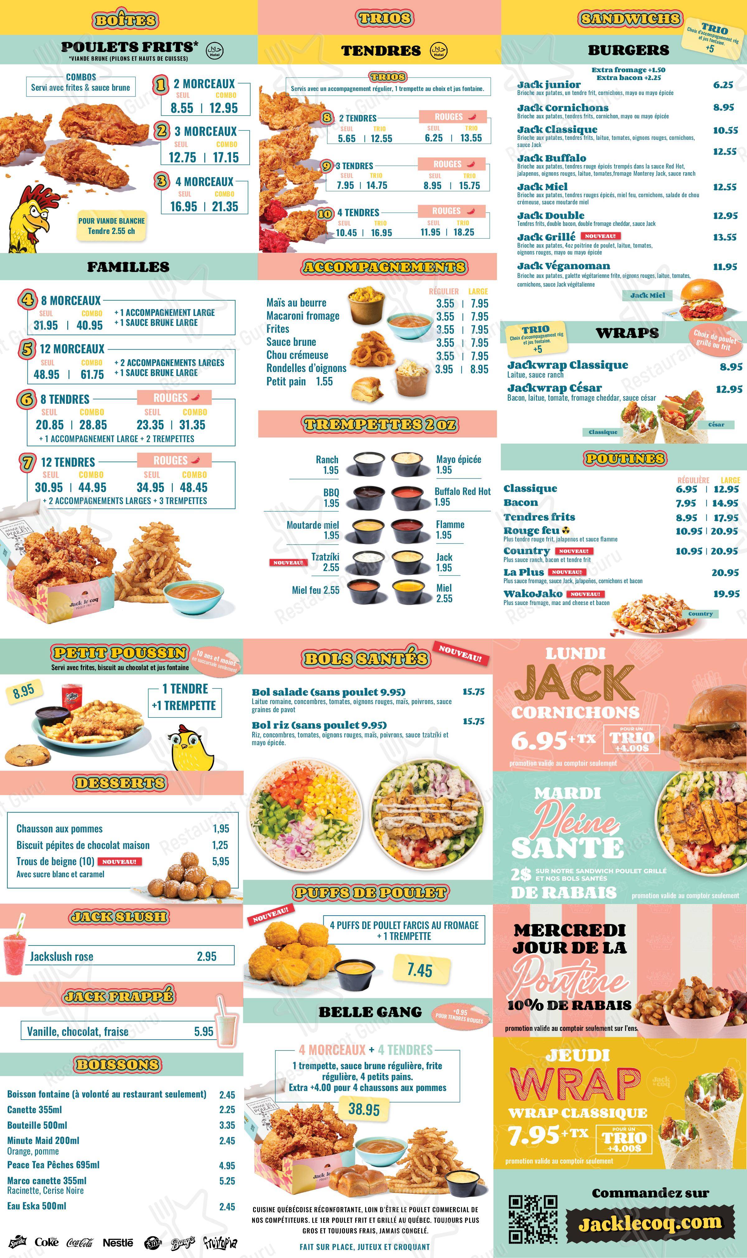 Menu au Jack Le Coq restaurant, Montréal, Wellington St