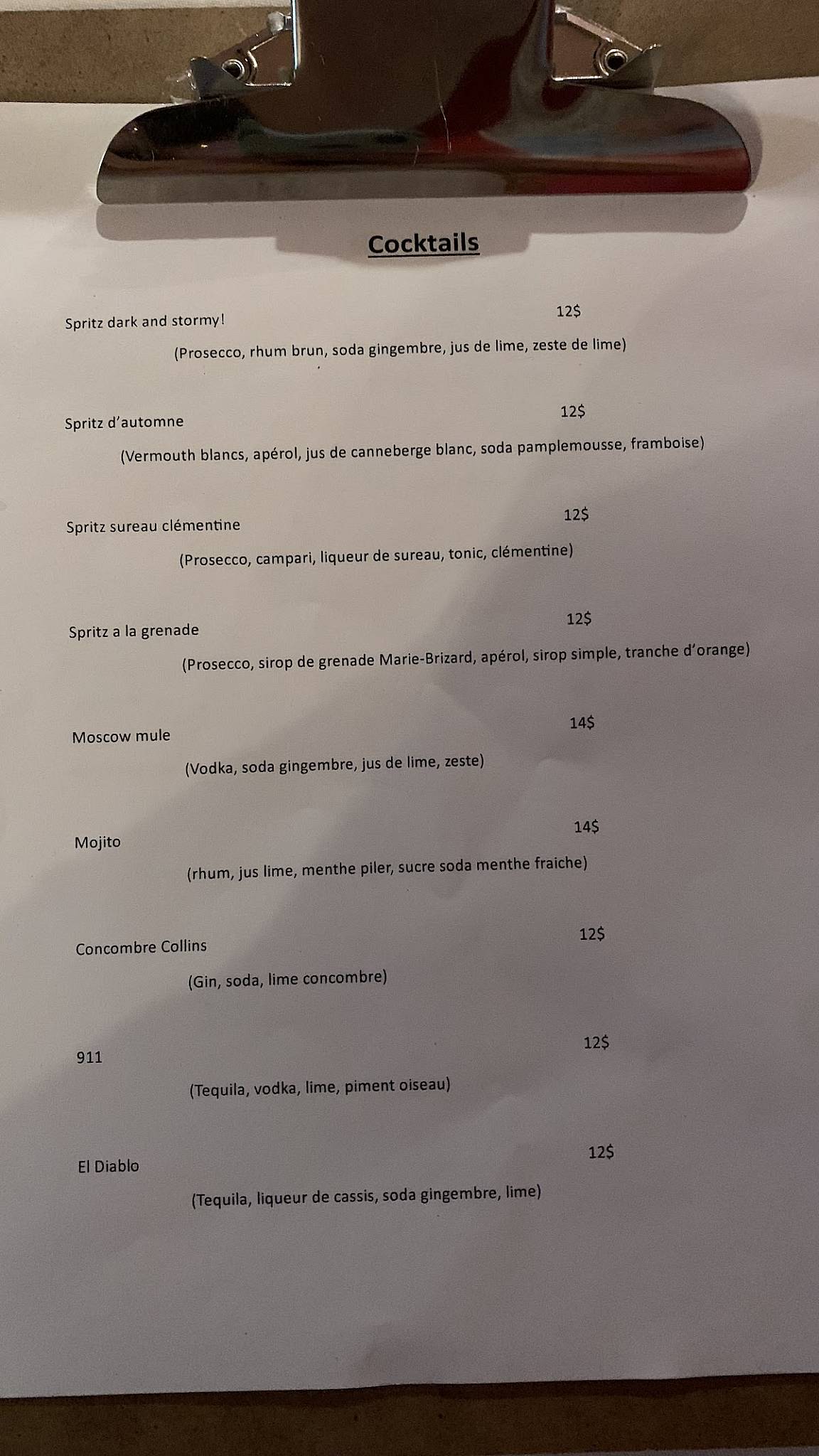 Menu at , Montréal
