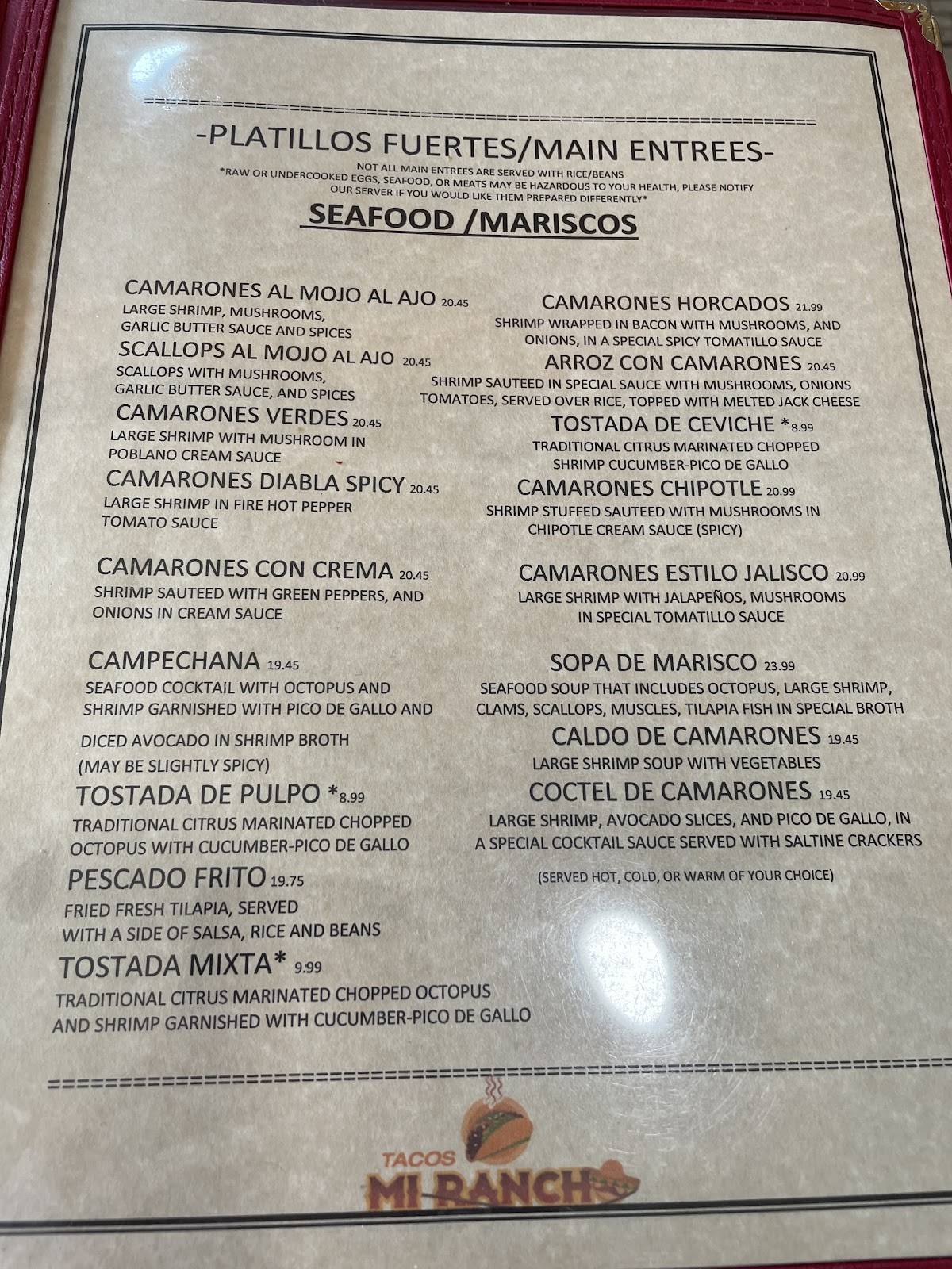 Menu at Tacos Mi Rancho restaurant, Moses Lake, S Pioneer Way