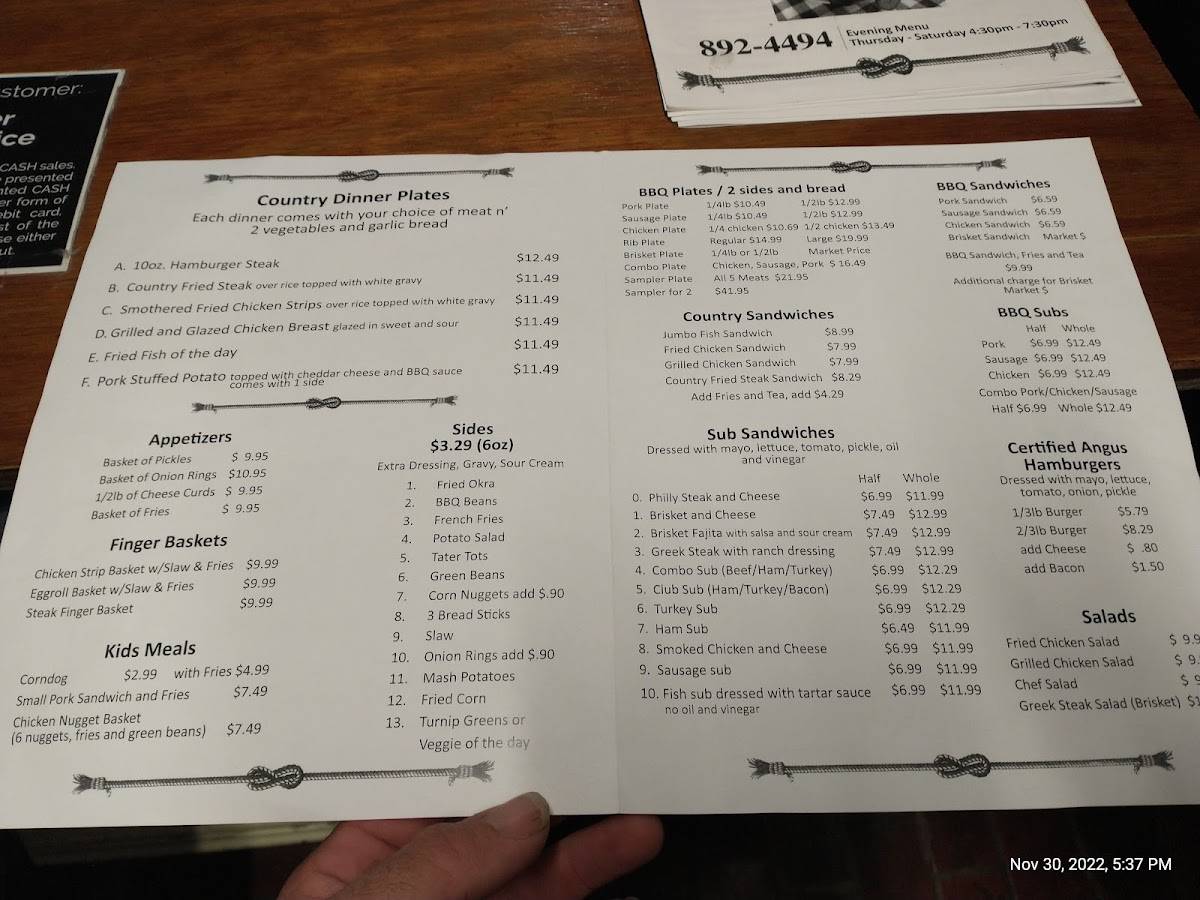Menu at Simply Good BBQ, Mossy Head, US-90 W