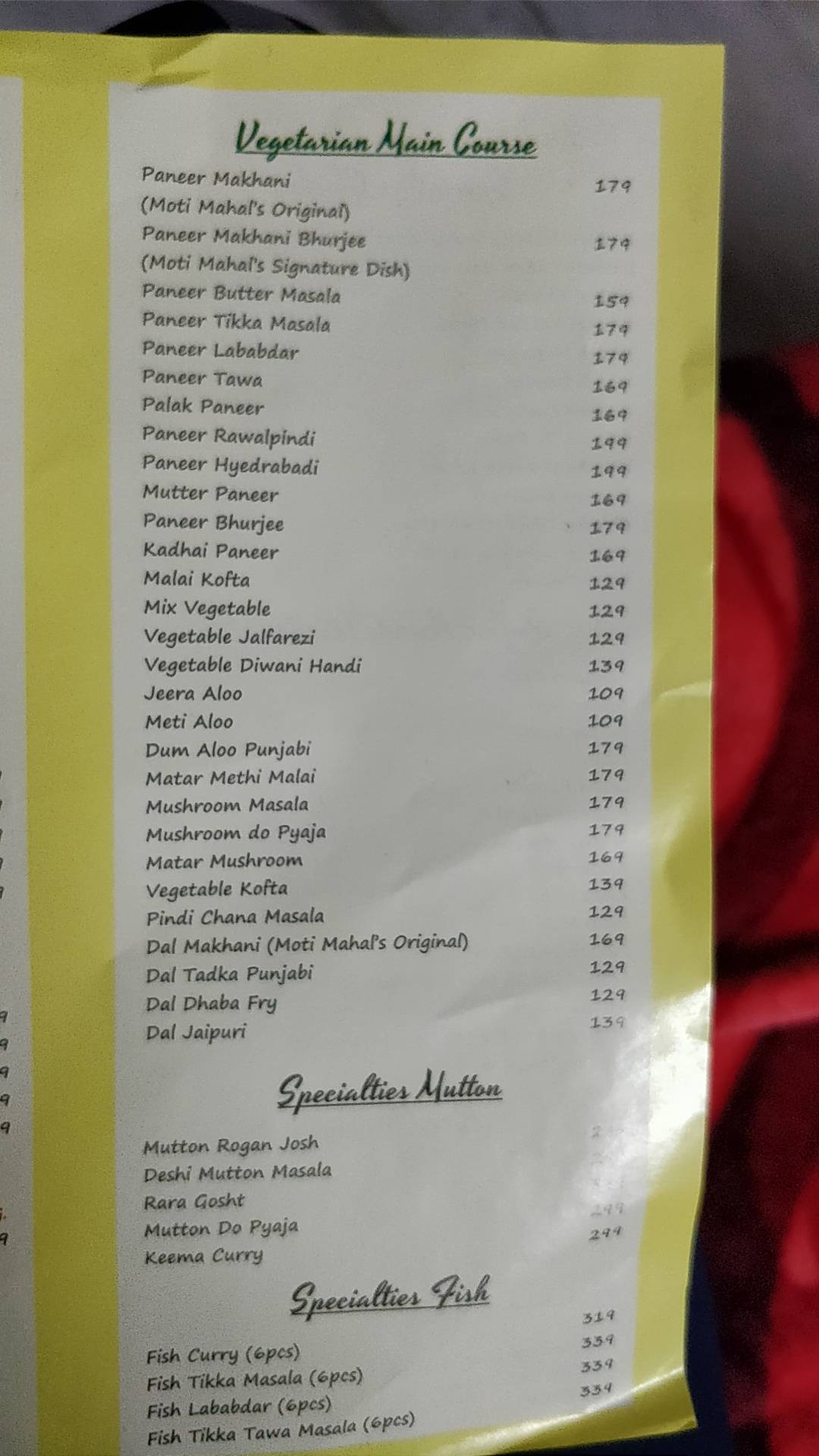 Menu at Moti Mahal, Sunam