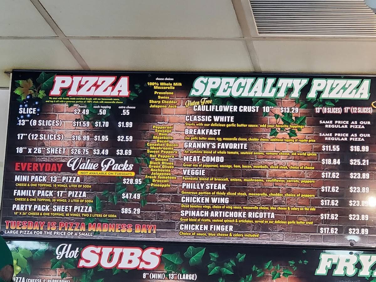 Menu at Leaning Tower pizzeria, Mount Morris