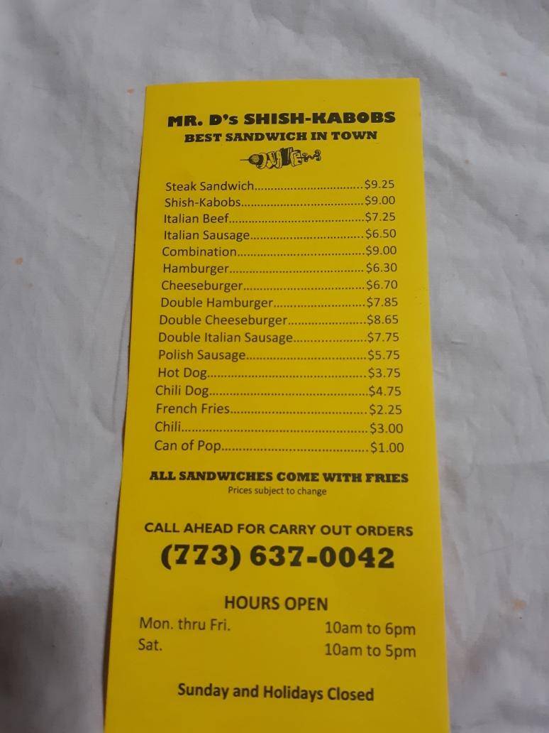 Menu at Mr D's Shish-Kabobs restaurant, Chicago