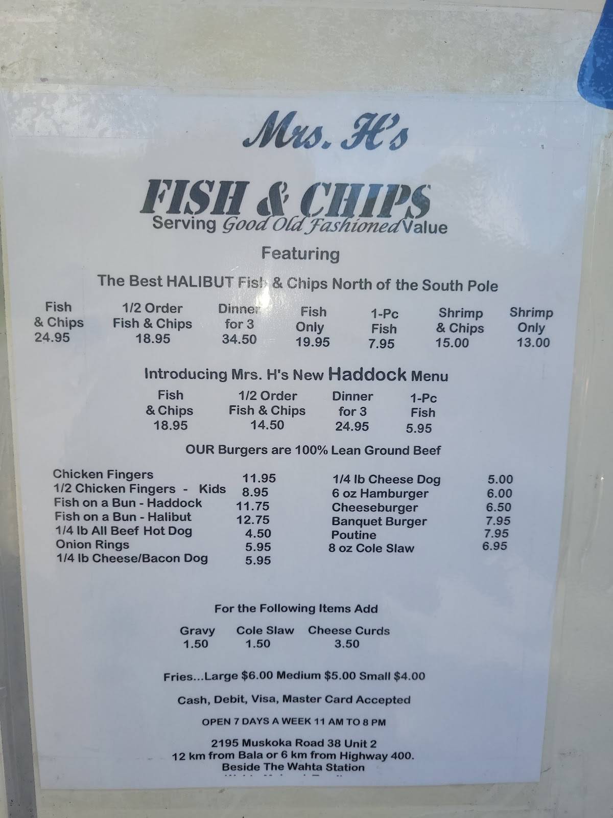 Menu at Mrs. H's Fish & Chips restaurant, Canada