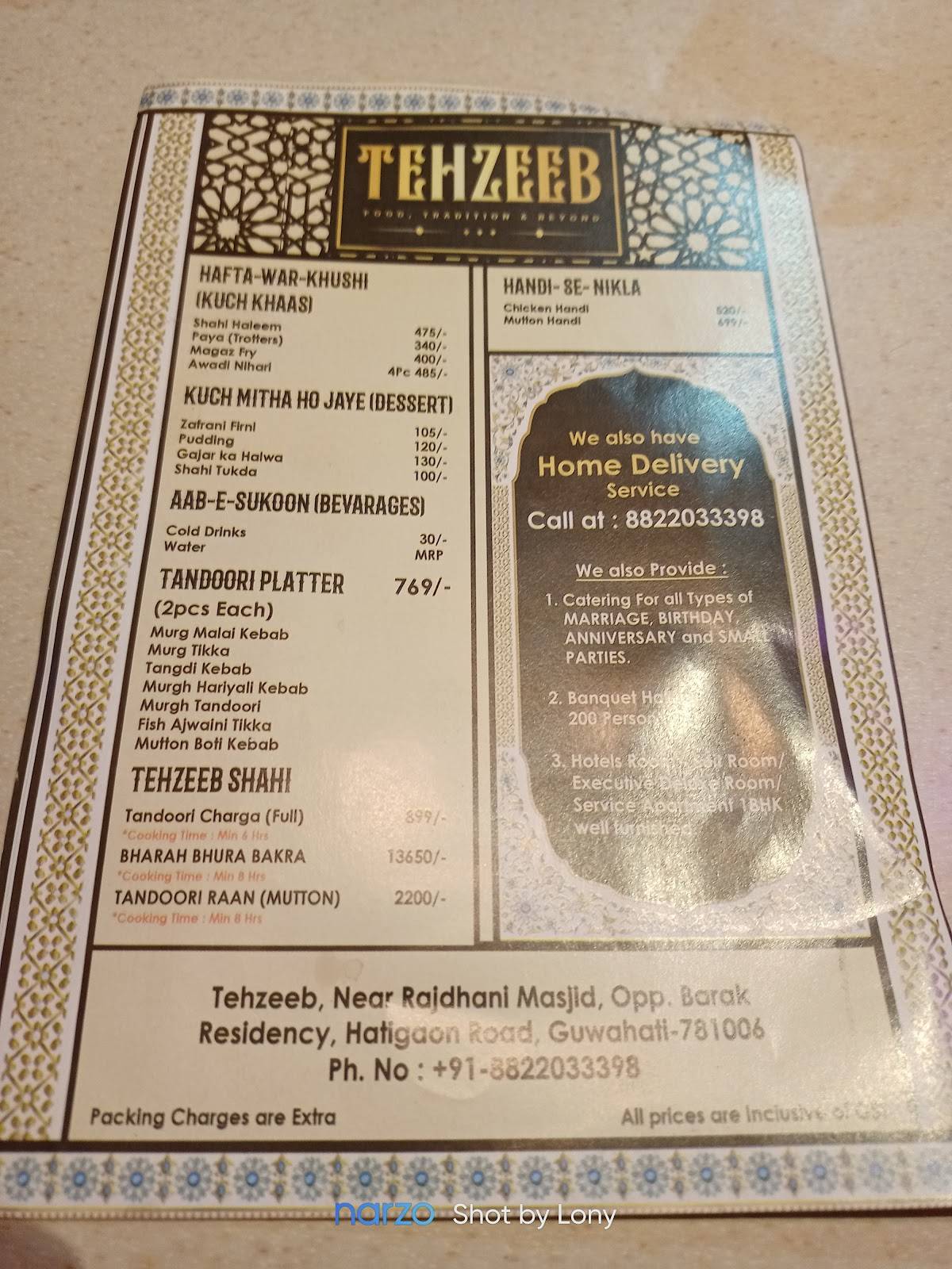 Menu at Tehzeeb, Guwahati, Hatigaon Main Rd