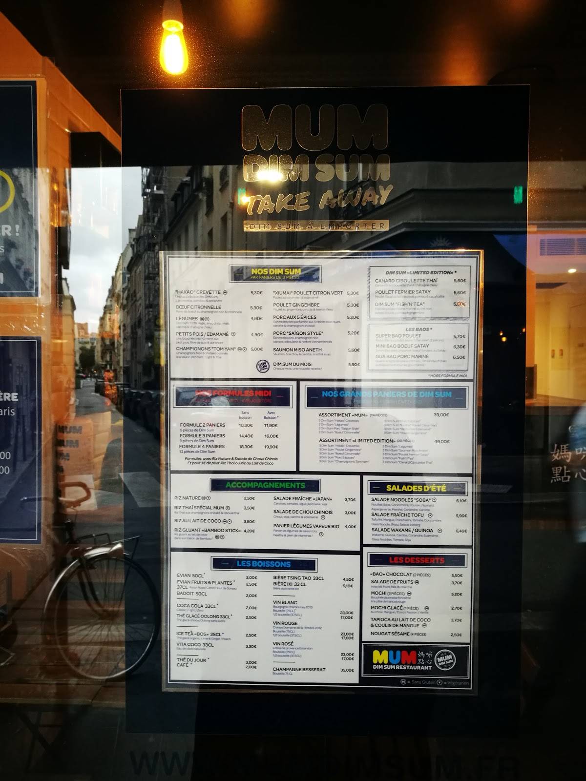 Menu au Mum Dim Sum "Take Away" restaurant, Paris