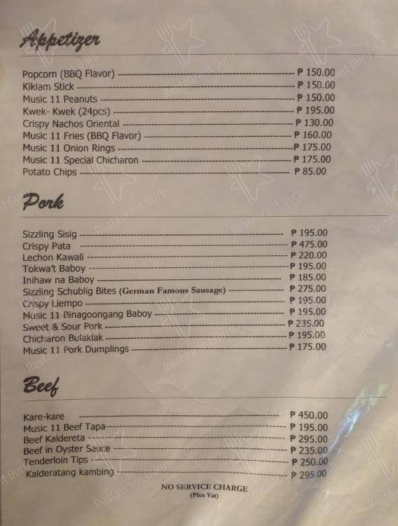 Menu at Music 11 Plaza restaurant, Makati