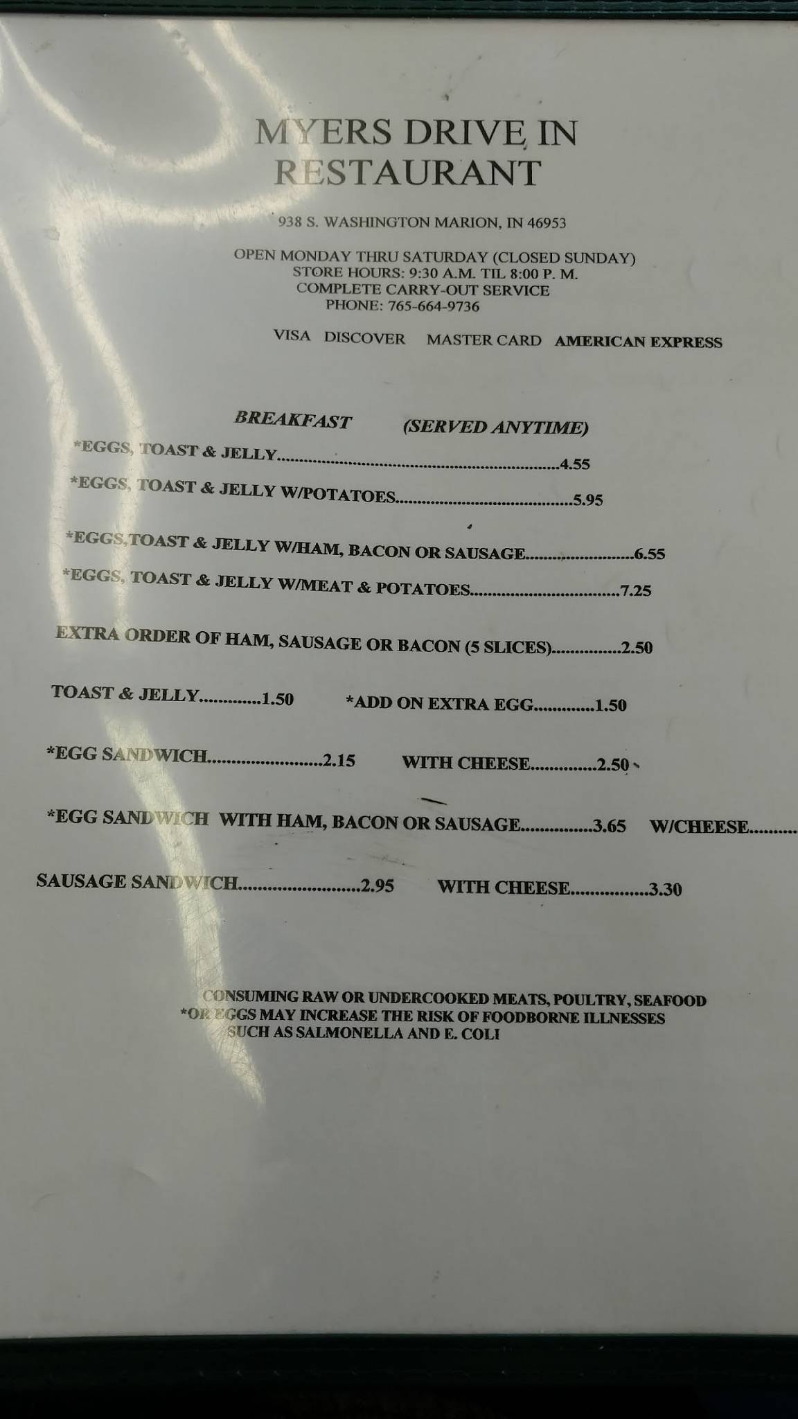 Menu at Myers Drive-In restaurant, Marion