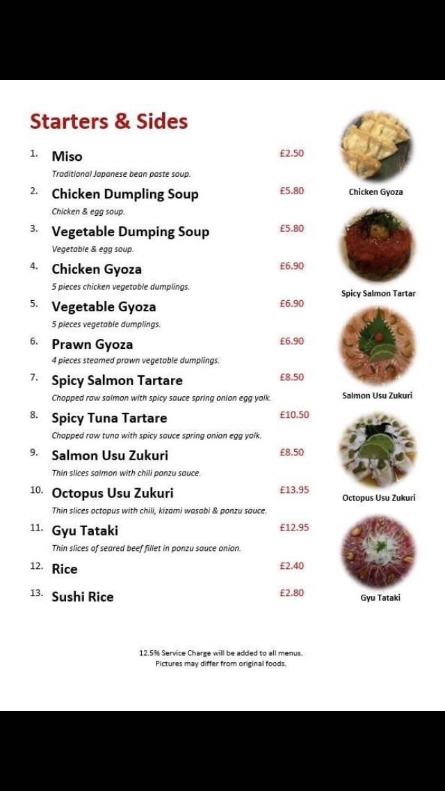 Menu at NALA Japanese Restaurant, London