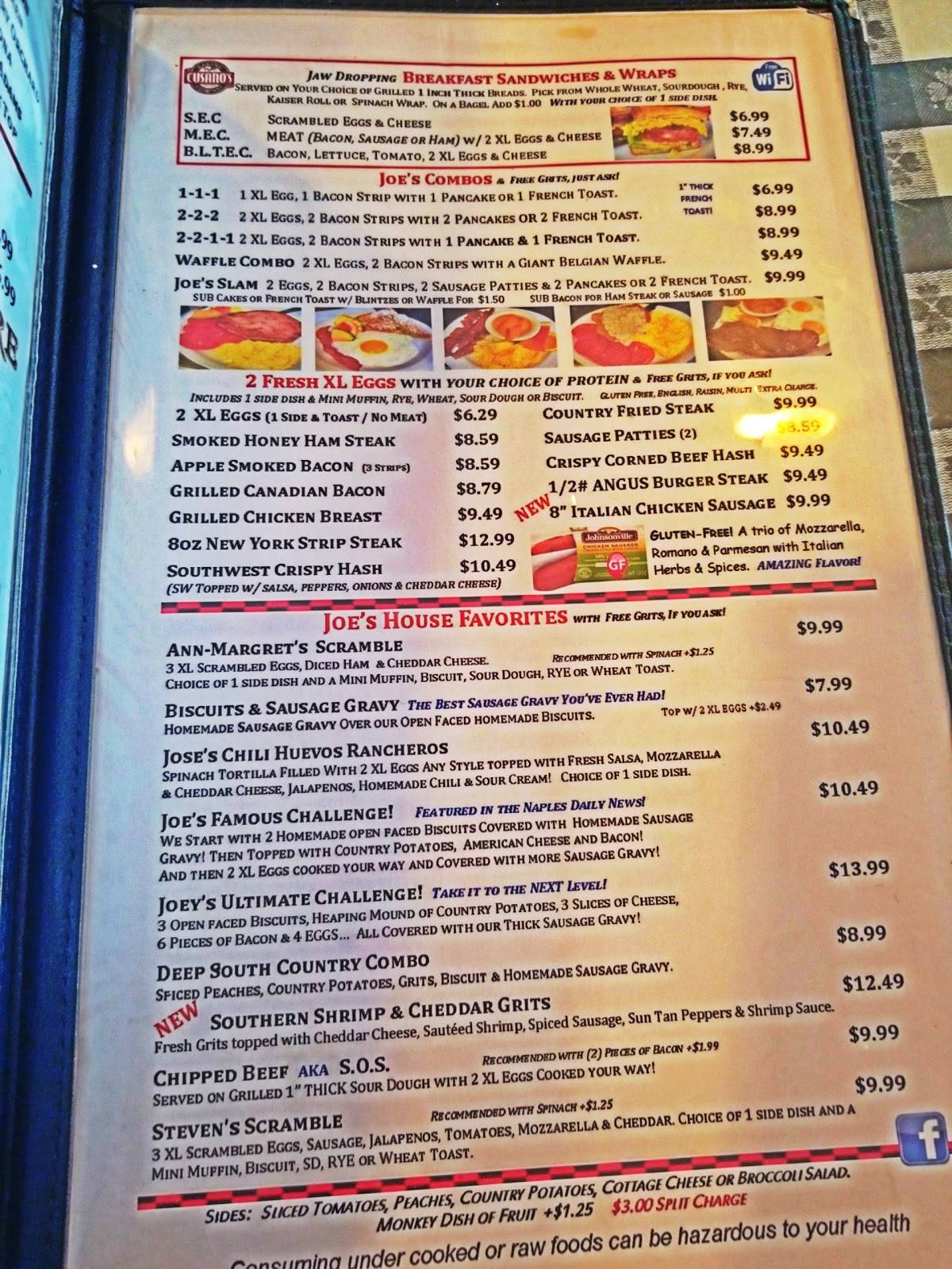 Menu at Joe's Diner cafe, Naples, Tamiami Trail N #14