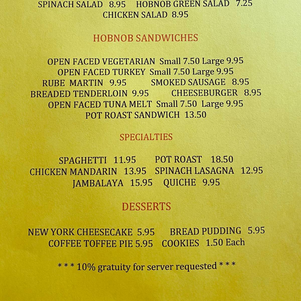 Menu at Hobnob Corner restaurant, Nashville, 17 W Main St