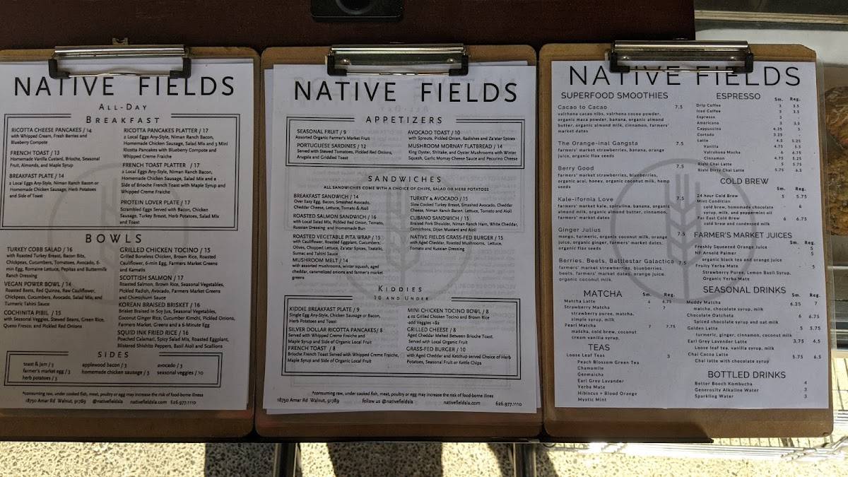 Menu at Native Fields pub & bar, Walnut, Amar Rd