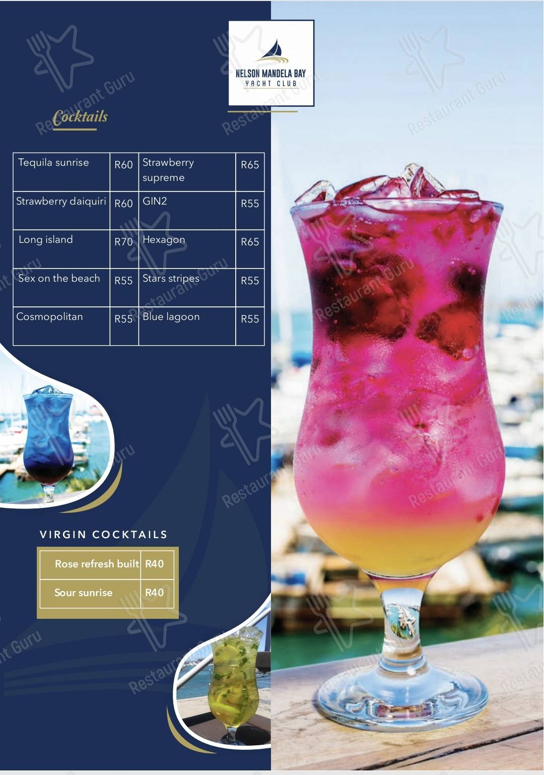 Menu at Nelson Mandela Bay Yacht Club, Port Elizabeth