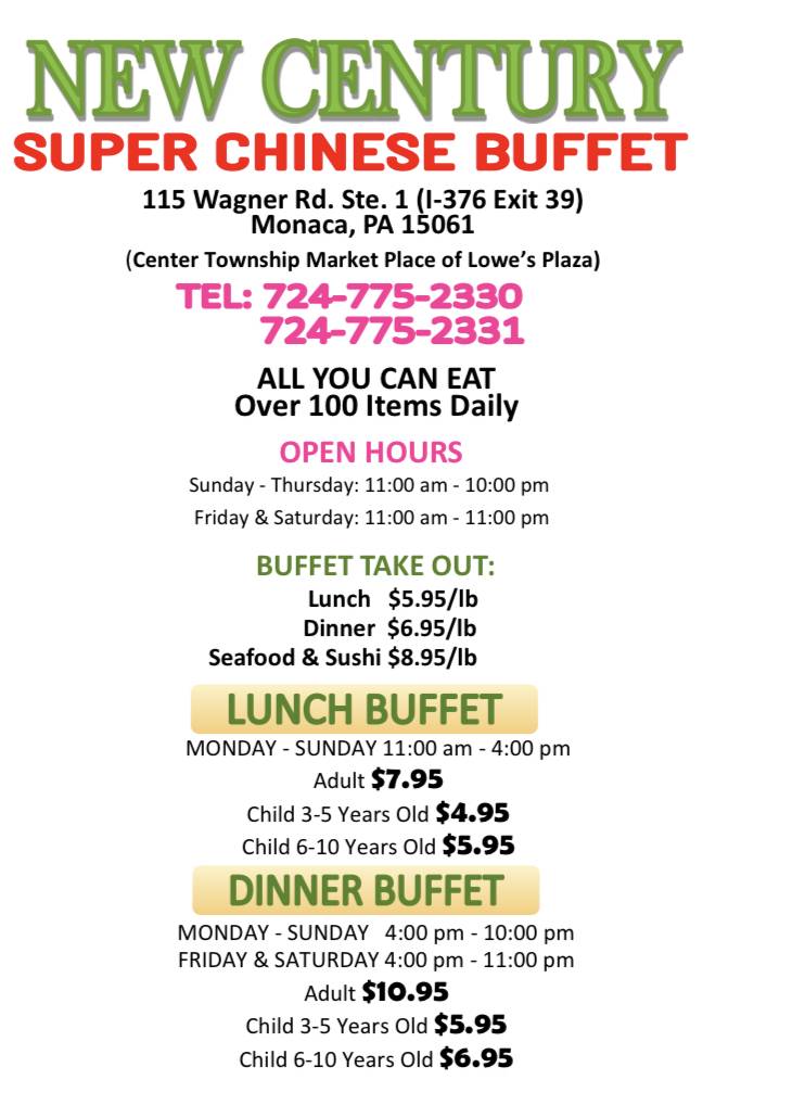 Menu at New Century Chinese Buffet restaurant, Monaca