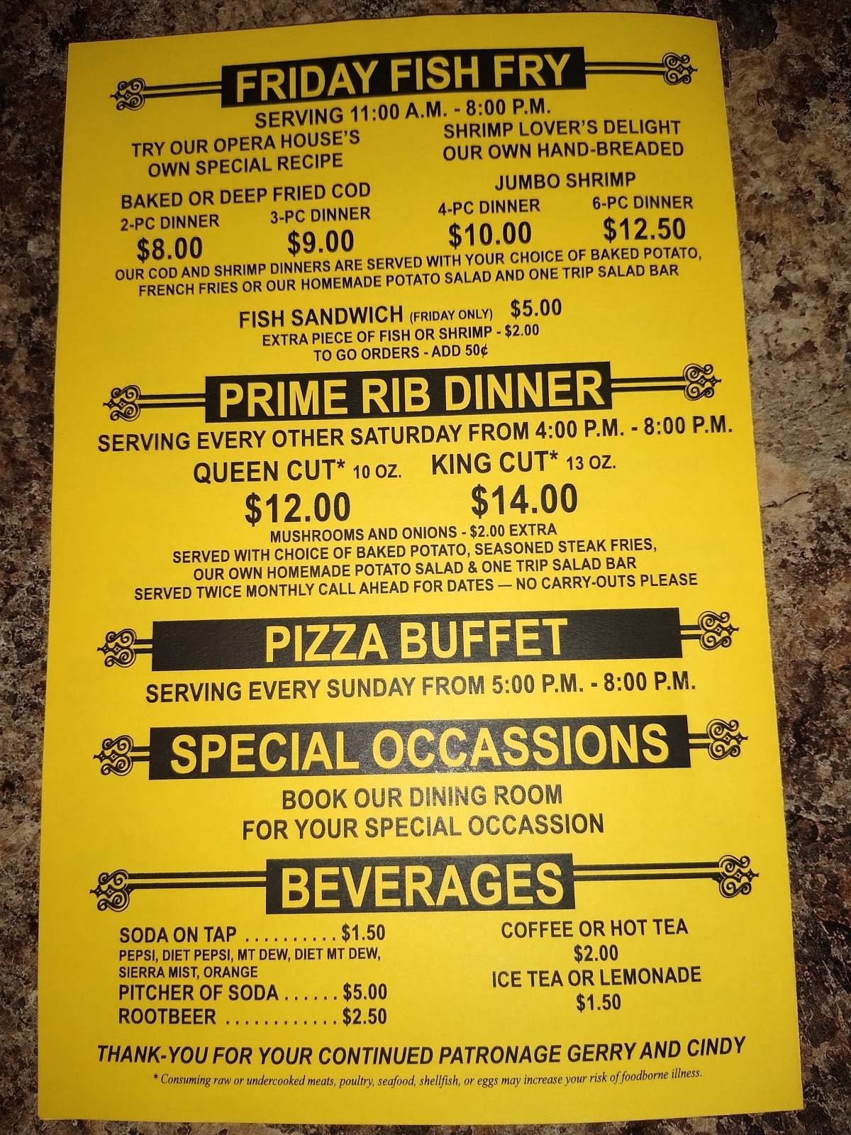 Menu at Opera House Bar & Grill, New Lisbon, 120 S Adams St