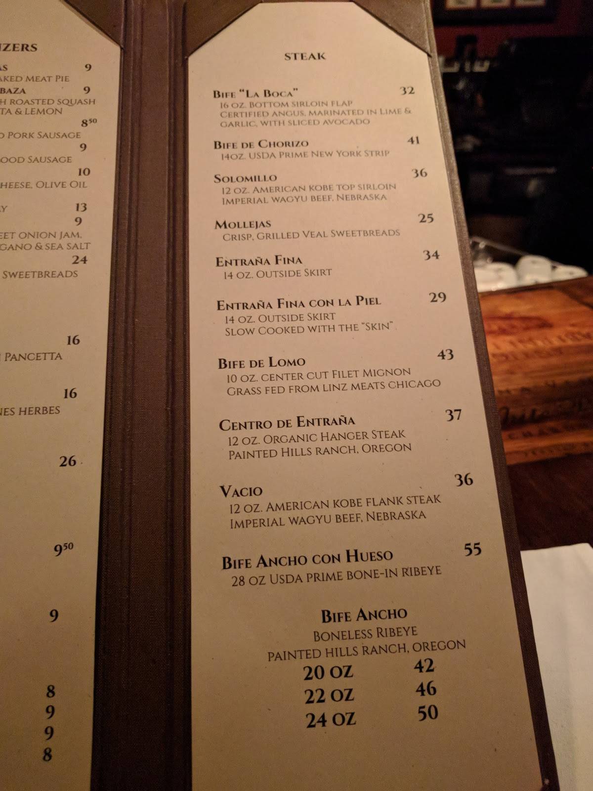 Menu at La Boca Steakhouse, New Orleans