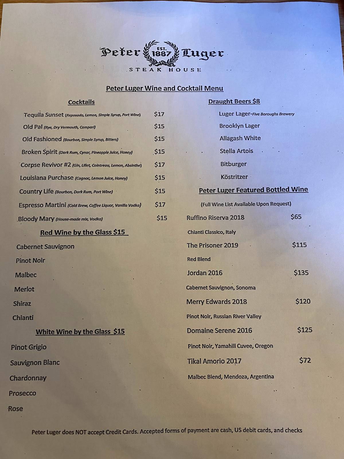 Menu at Peter Luger Steak House steakhouse, New York City, 178 Broadway