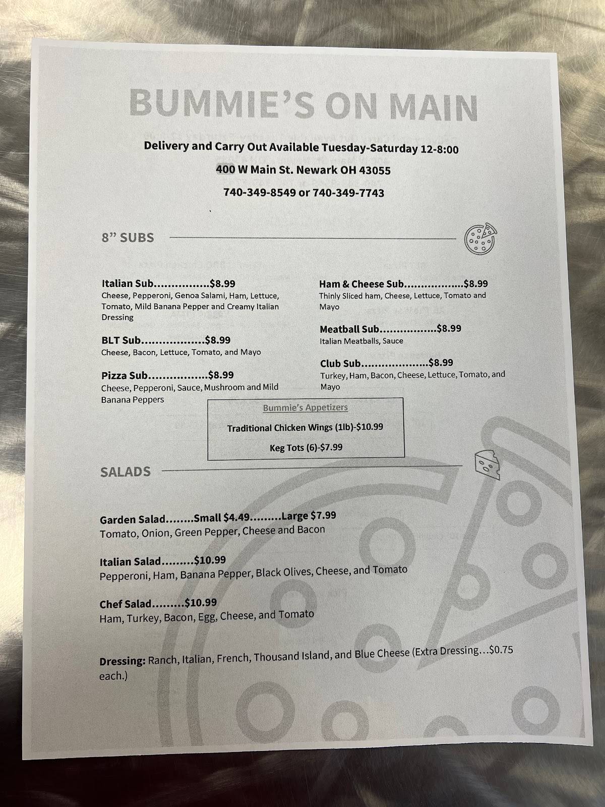 Menu at Bummie's On Main restaurant, Newark