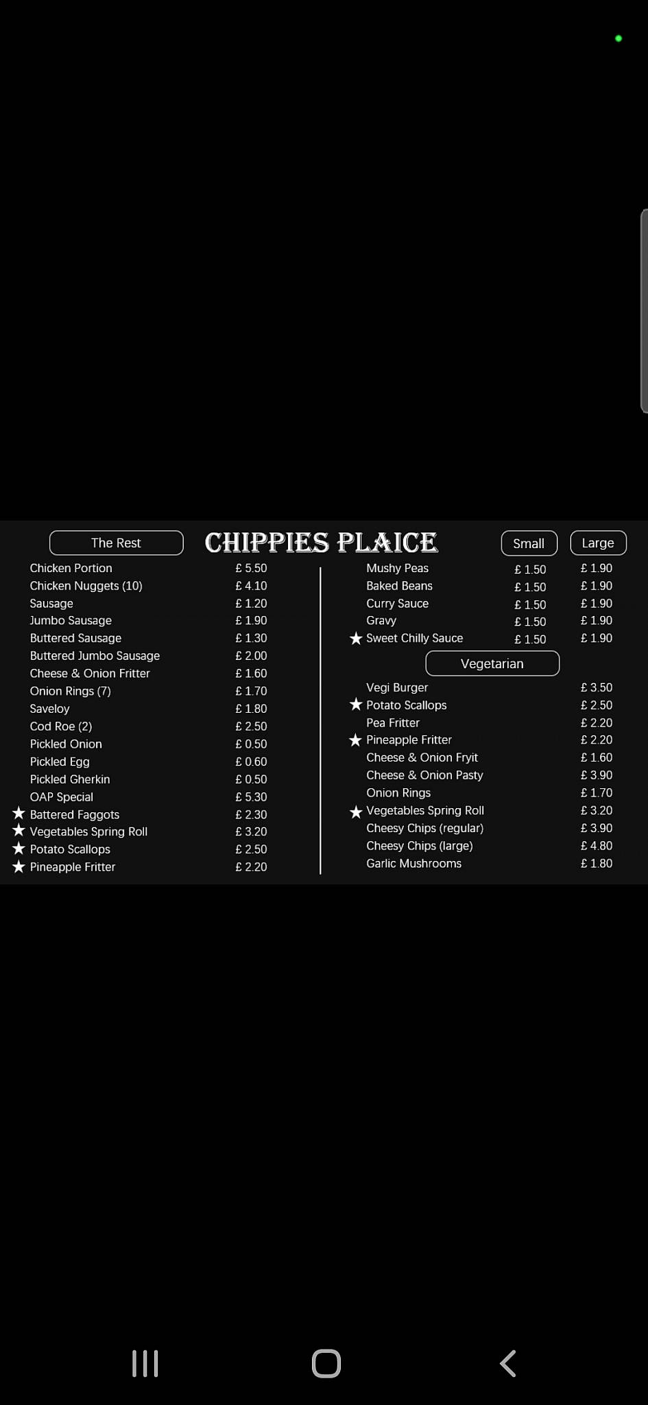 Menu at Chippies Plaice restaurant, Newton Abbot
