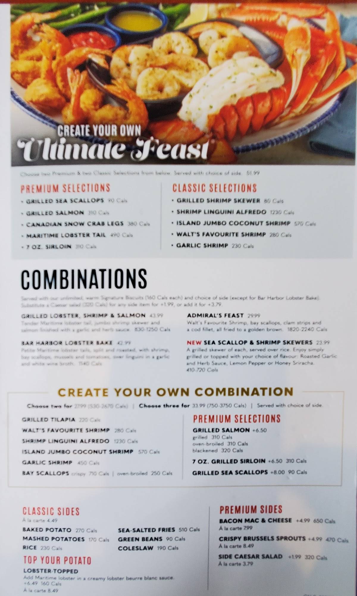 Menu at Red Lobster restaurant, Niagara Falls
