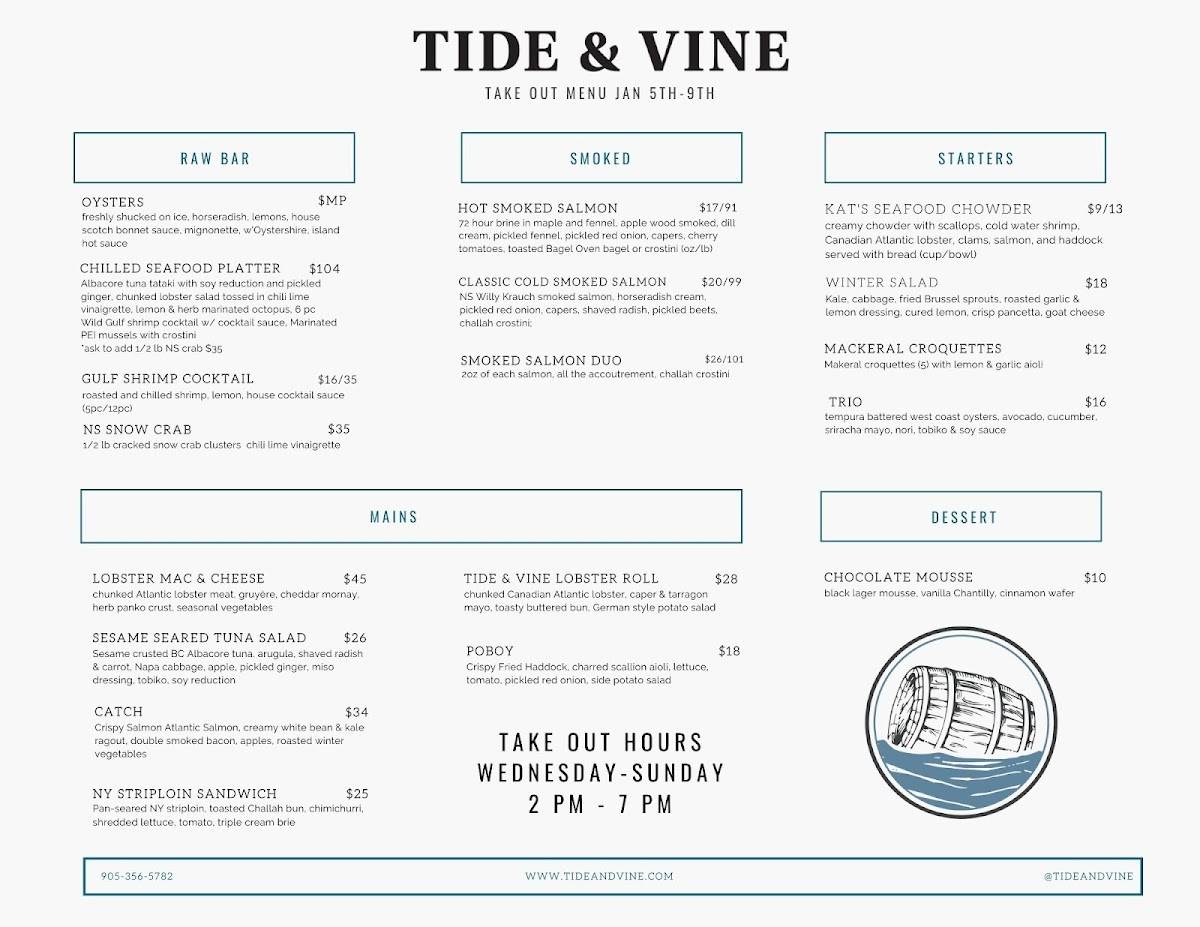 Menu at Tide and Vine Oyster House pub & bar, Niagara Falls