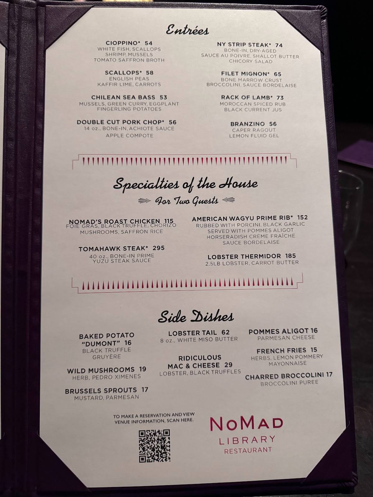 Menu at NoMad Library Restaurant, Las Vegas