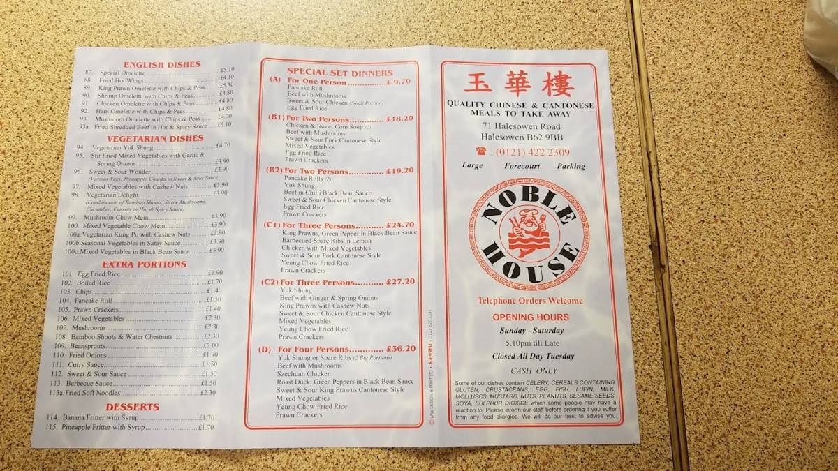 Menu at Noble House fast food, Halesowen