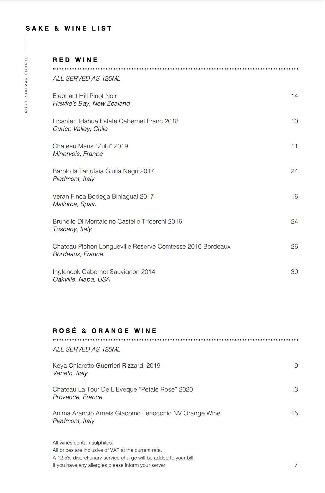 Menu at Nobu Restaurant Portman Square, London