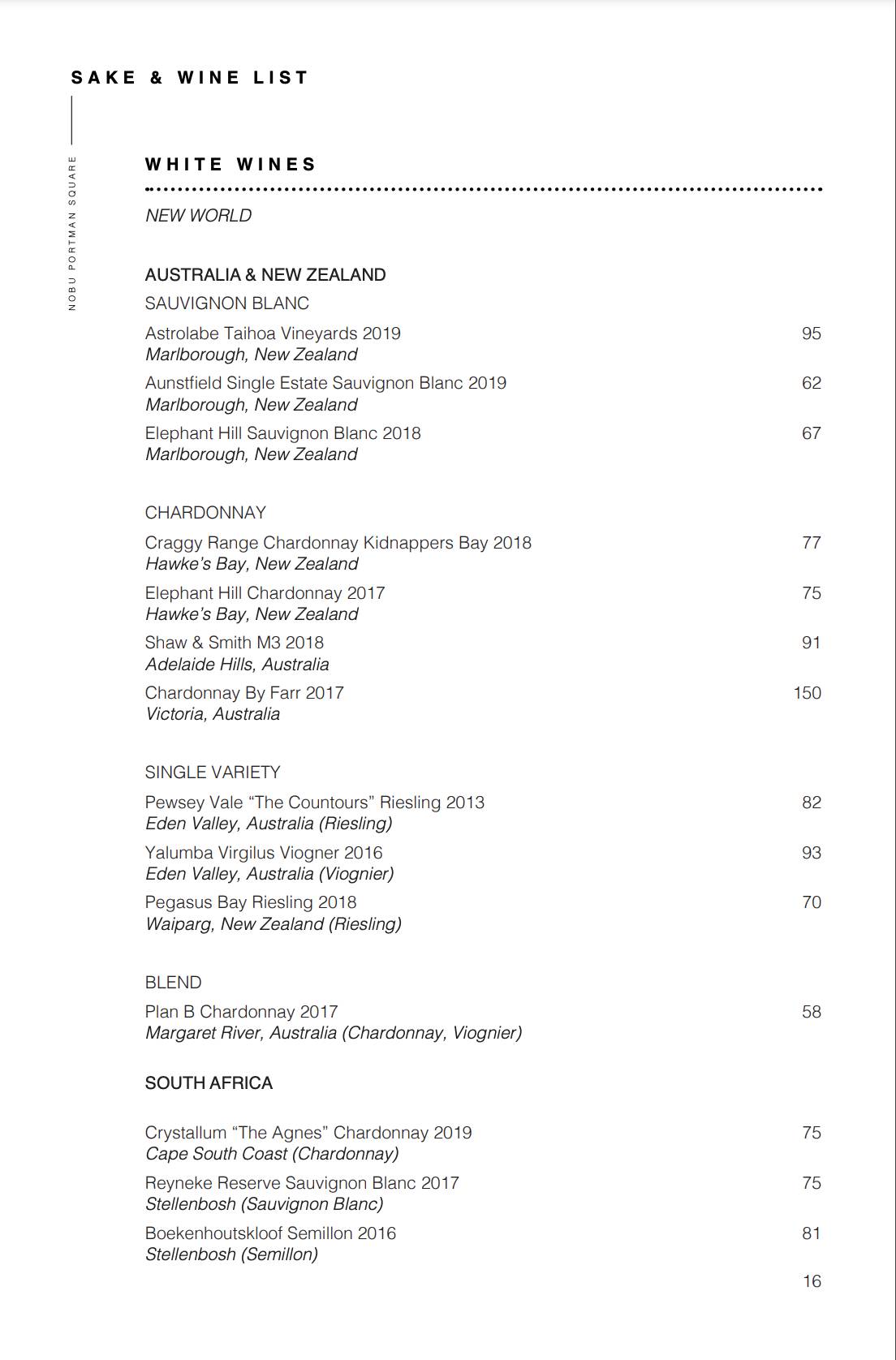 Menu at Nobu Restaurant Portman Square, London