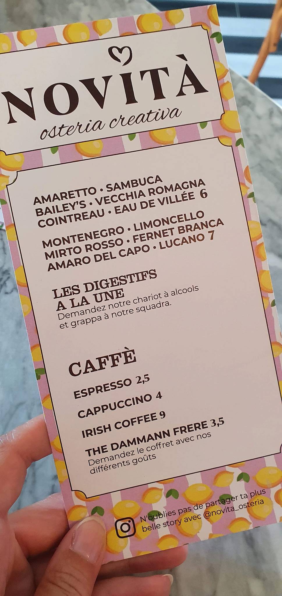 Speisekarte von Novità Bar, Manage
