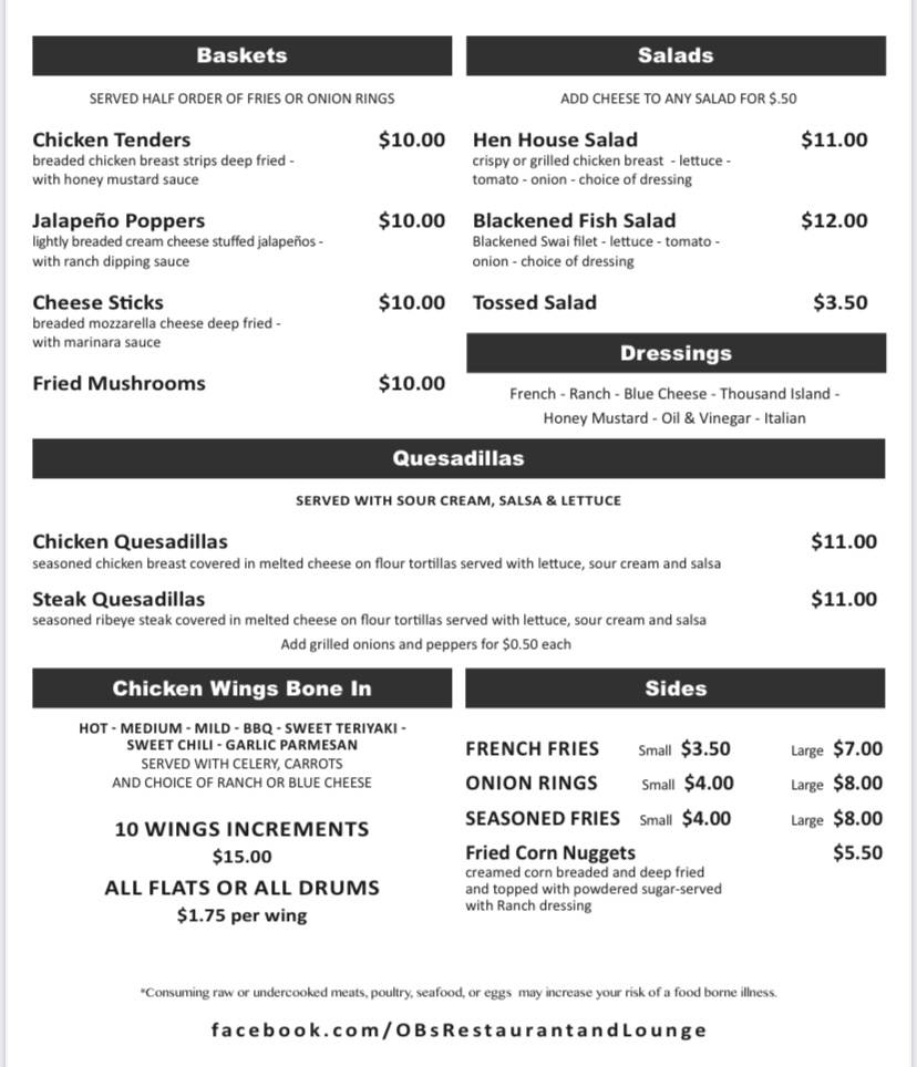 Menu at OB's Restaurant & Lounge, DeLand