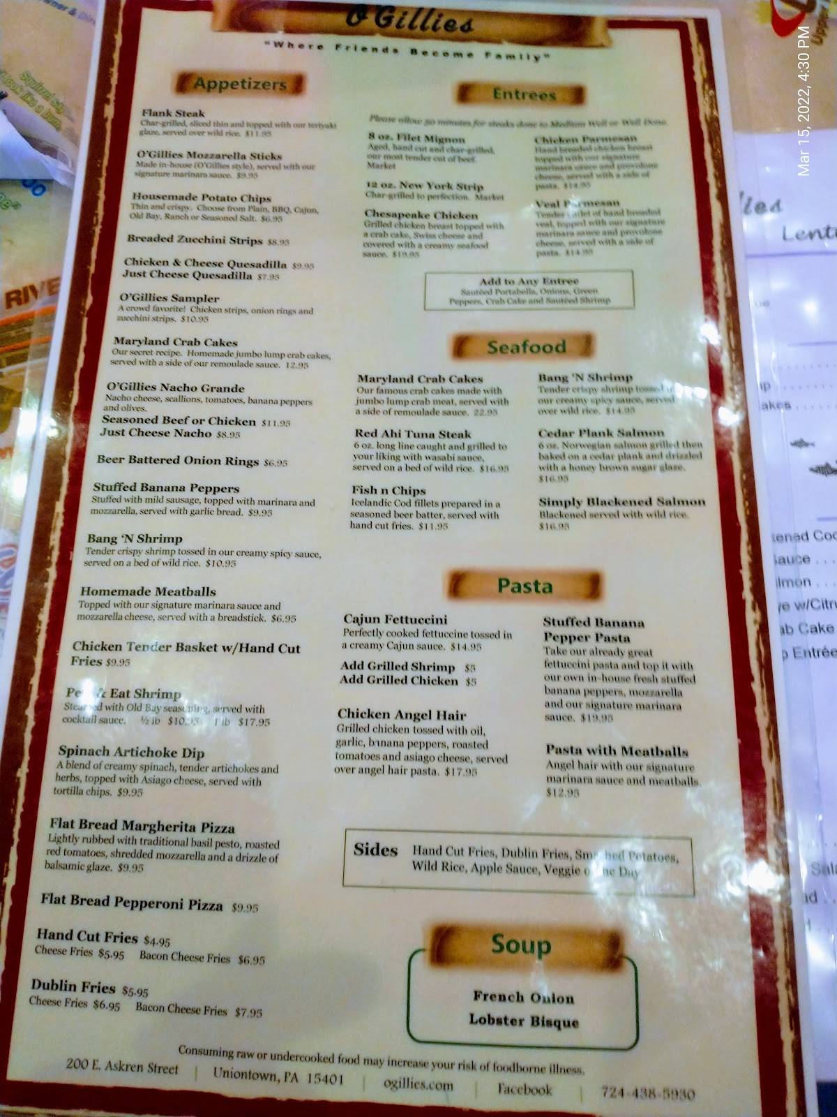 Menu at O'Gillies Pub & Restaurant, Uniontown