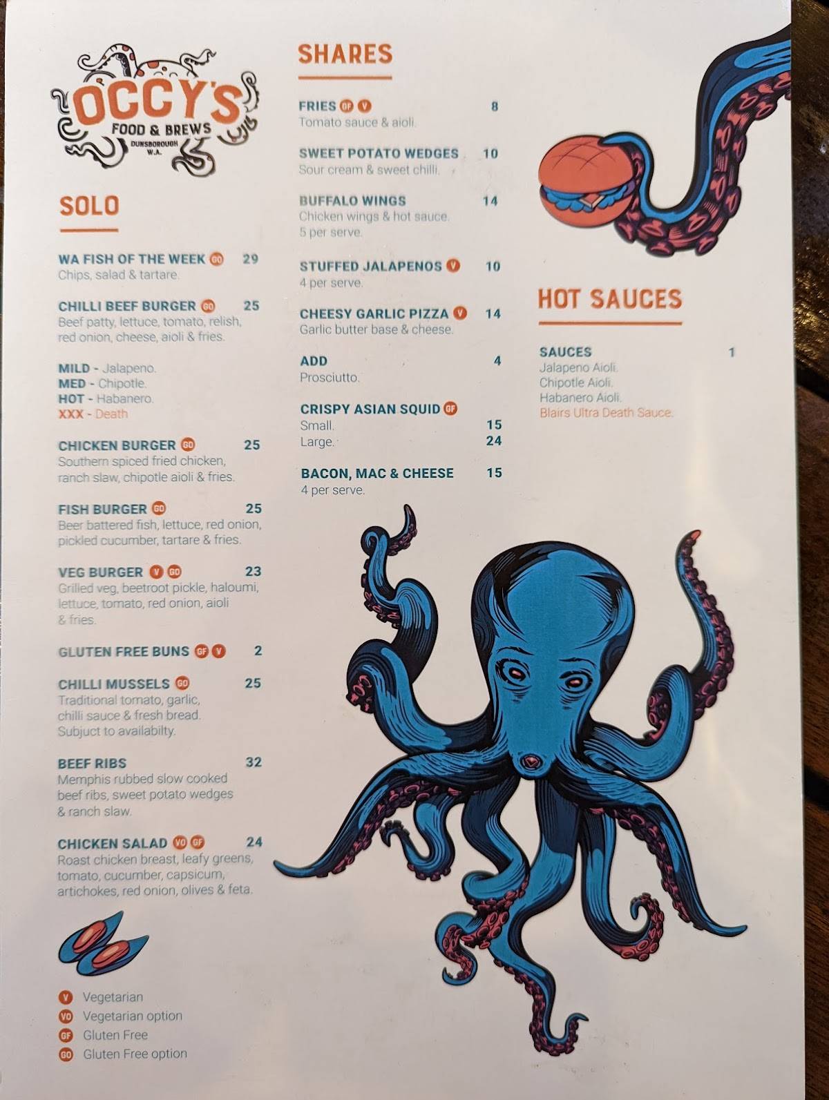 Menu at Occy's restaurant, Dunsborough, 12/34 Dunn Bay Rd