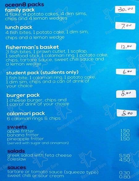 Menu at Ocean Eight Fish And Chips restaurant, Blackburn North
